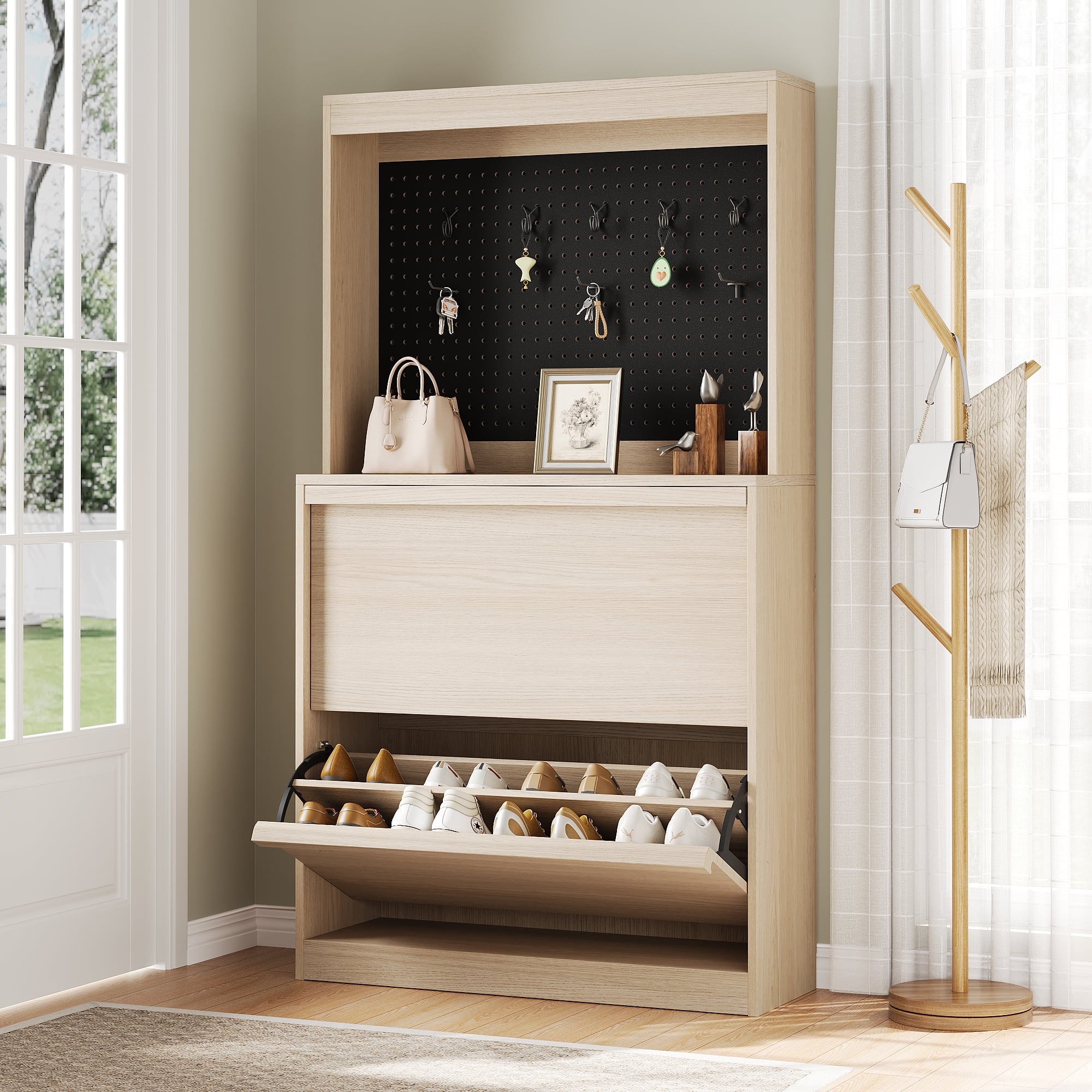 Opspring Shoe Cabinet with 2 Flip Drawers, Freestanding Shoe Organizer ...