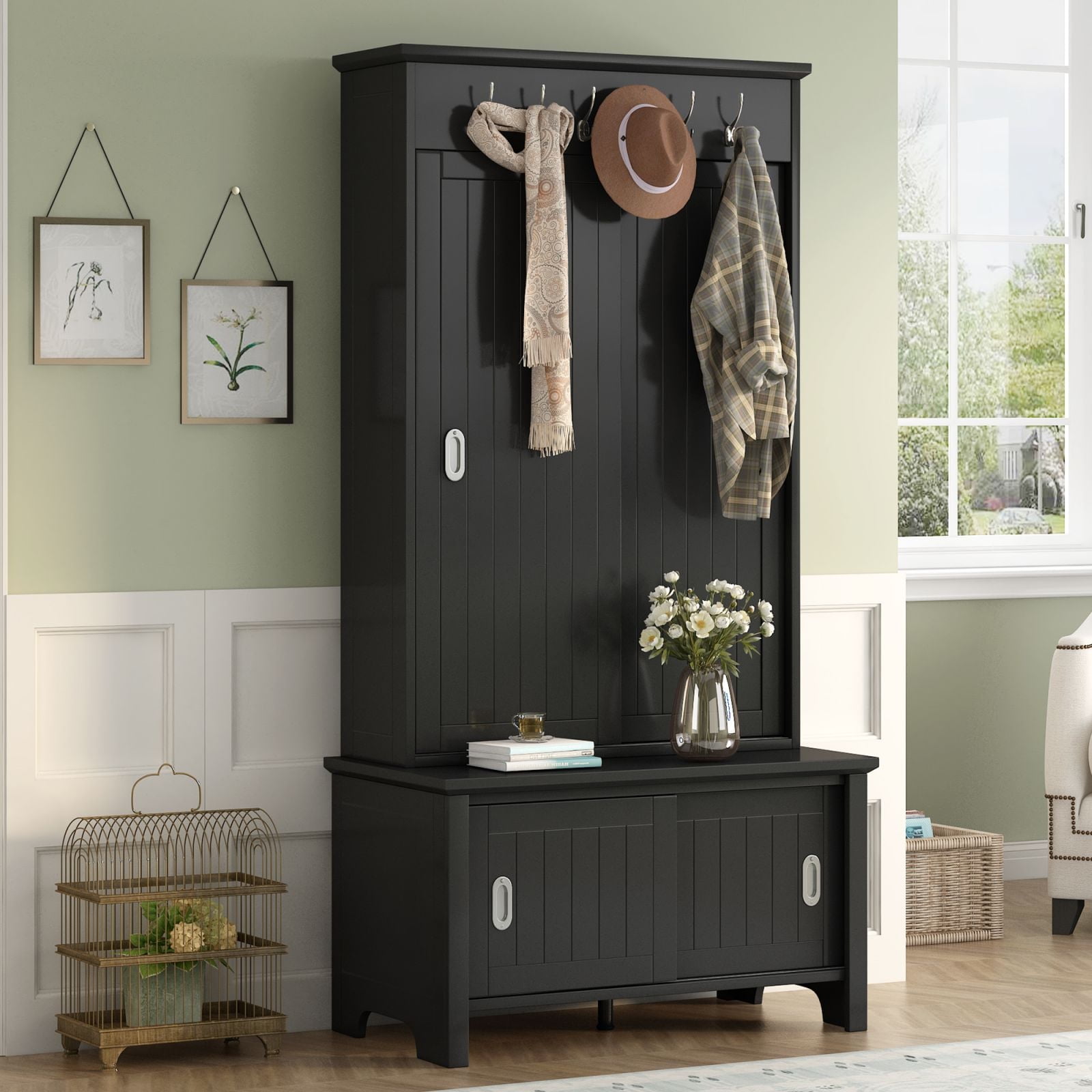 Opspring Tall Hall Tree with Sliding Doors Wooden Shoe Cabinet with ...