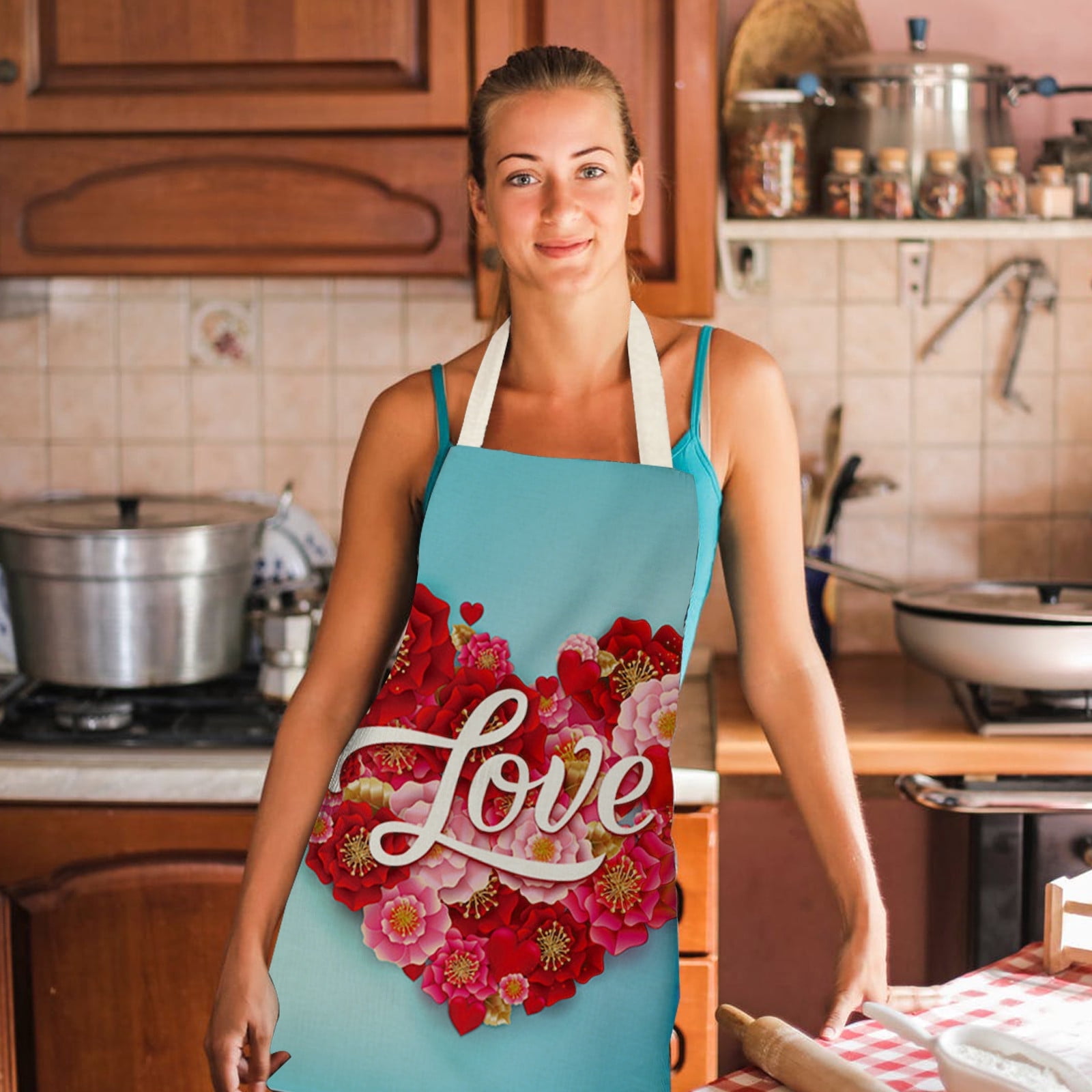 Opspring Valentine's Day Aprons with Pockets, Red Love Heart Apron for ...