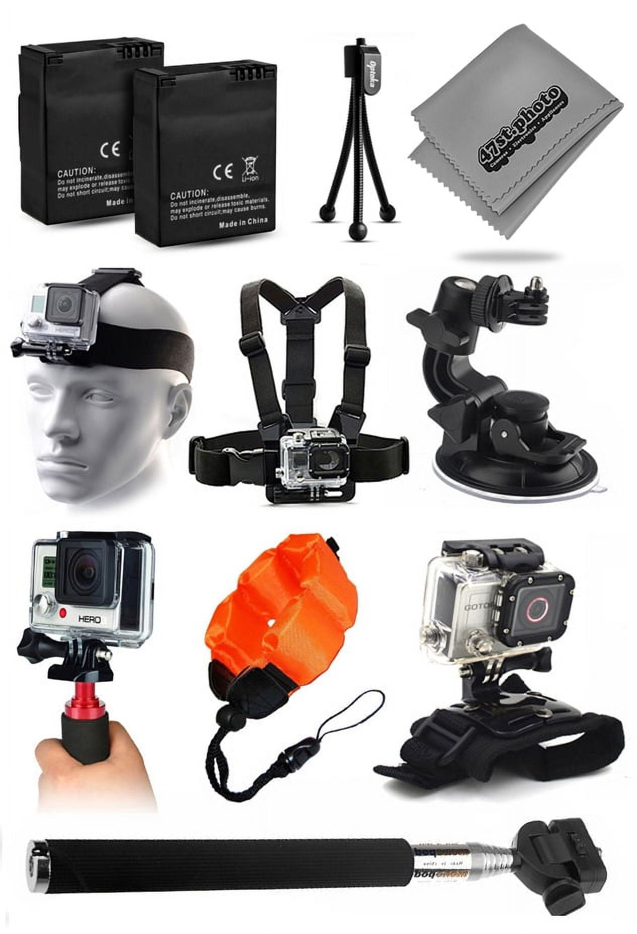 Opteka 2x Batteries + Selfie Stick + Head Strap + Chest Strap + Car ...
