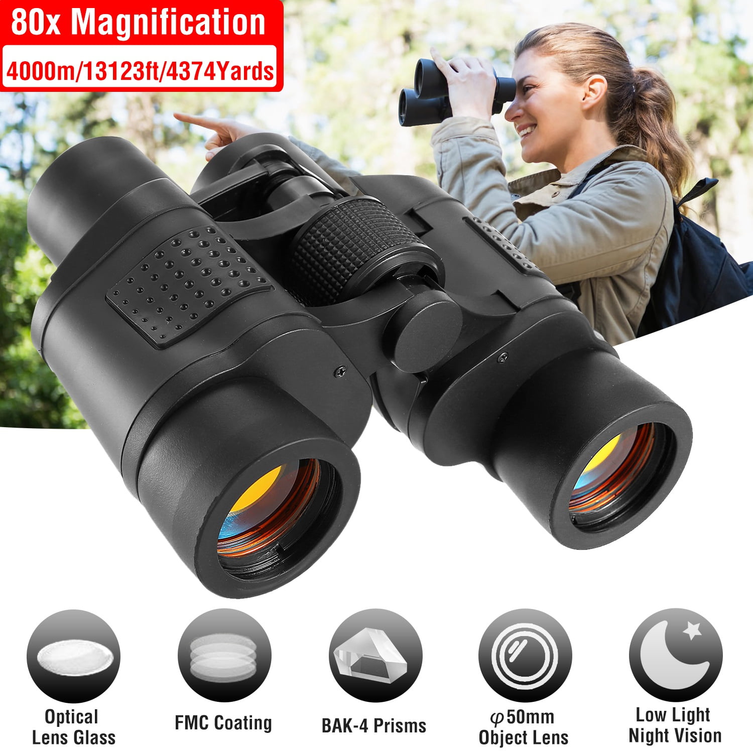 iMounTEK 80x80 HD Binoculars, BAK4 Prism FMC Lens, Night Vision, Travel ...
