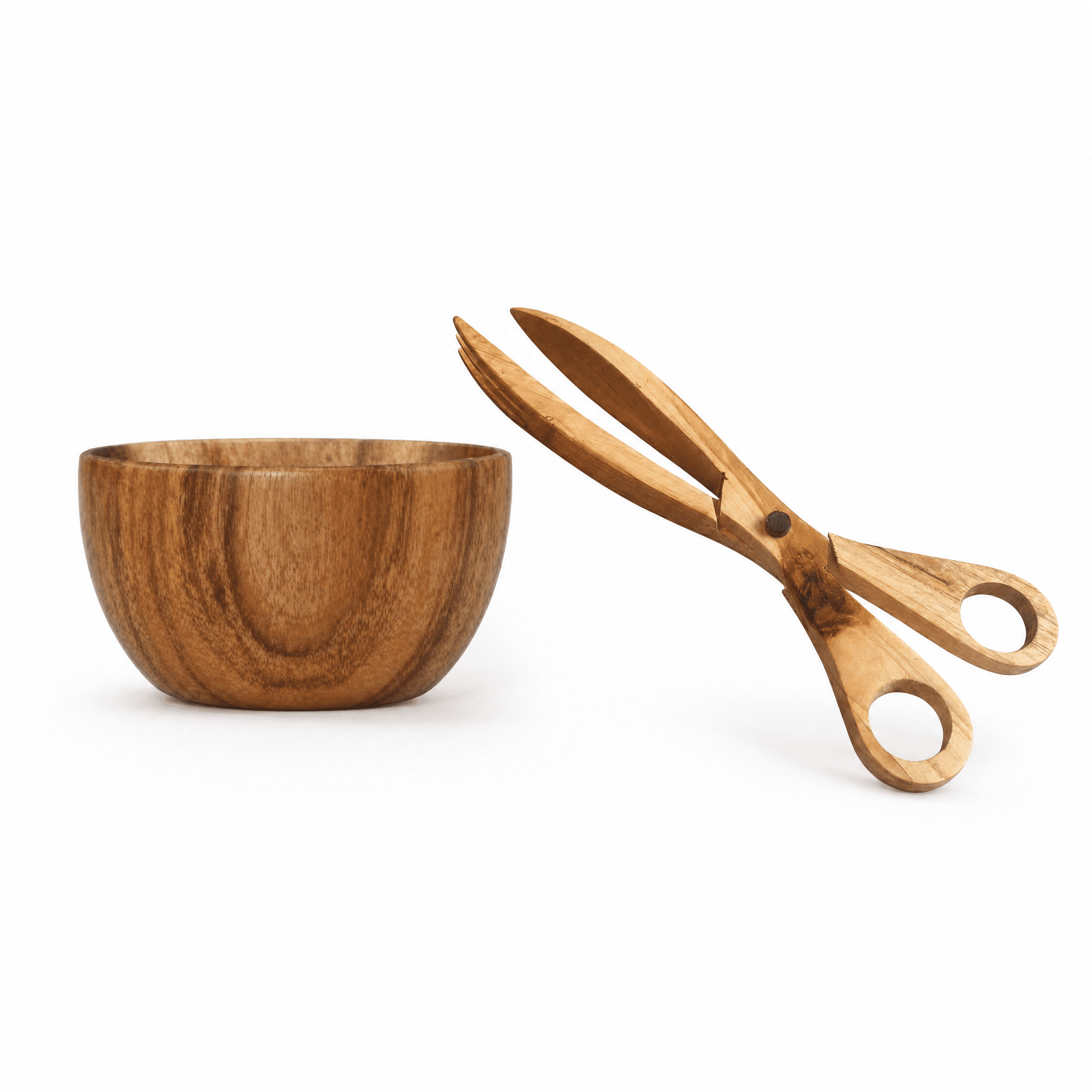 Optima Round Wooden Salad Bowl Utensils Fruit Serving Teak Tongs ...