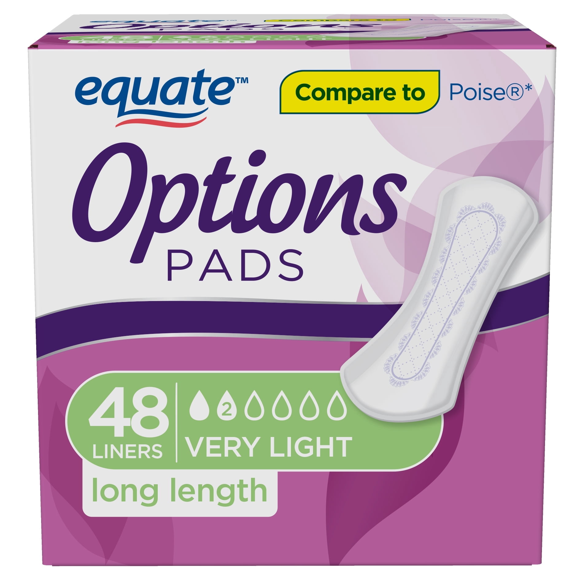 Options Women's Incontinence Pads, Very Light, Long Length (48 Count ...