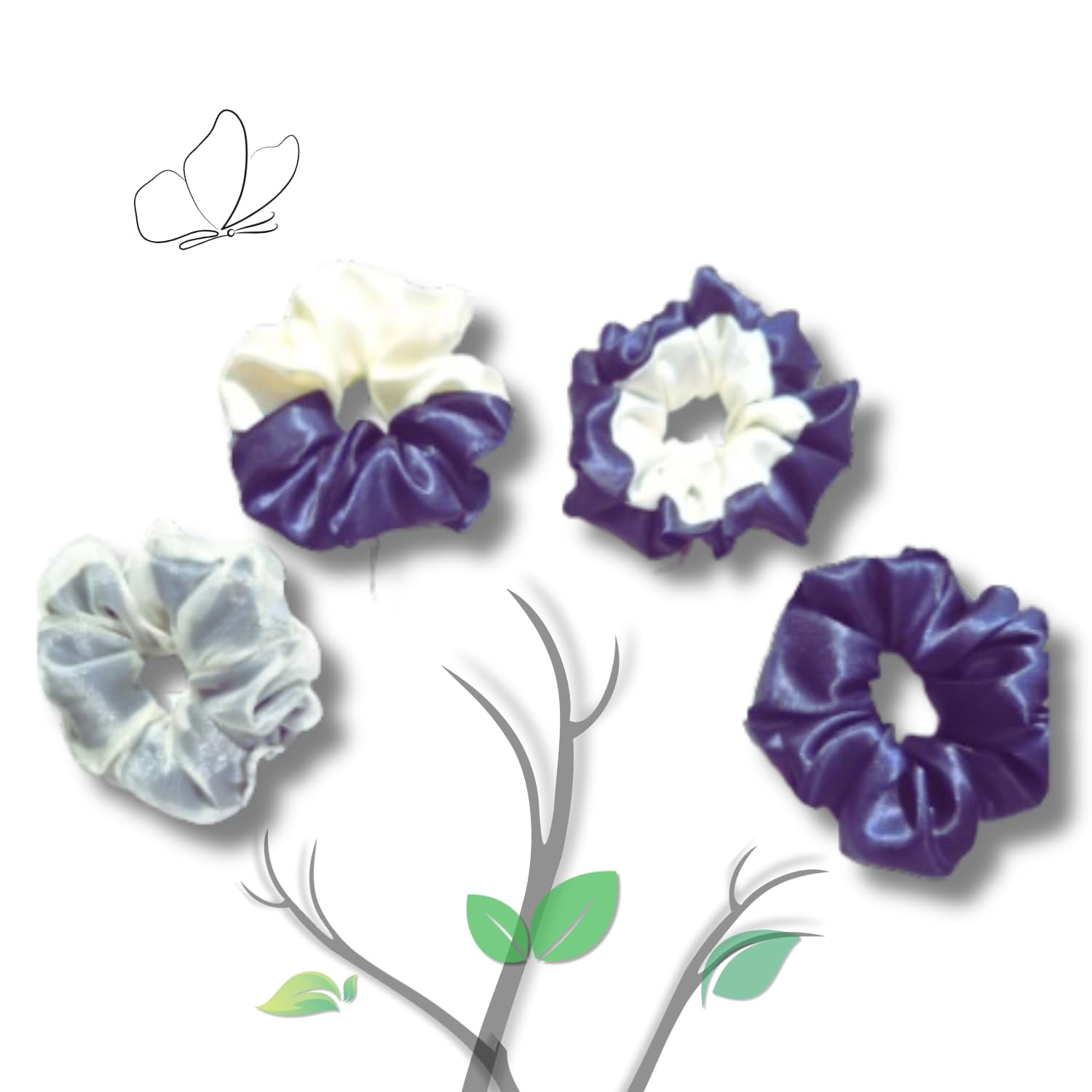 Opulent Loops Satin Hair Scrunchies Pack of 4 Navy Blue Cream and Grey ...