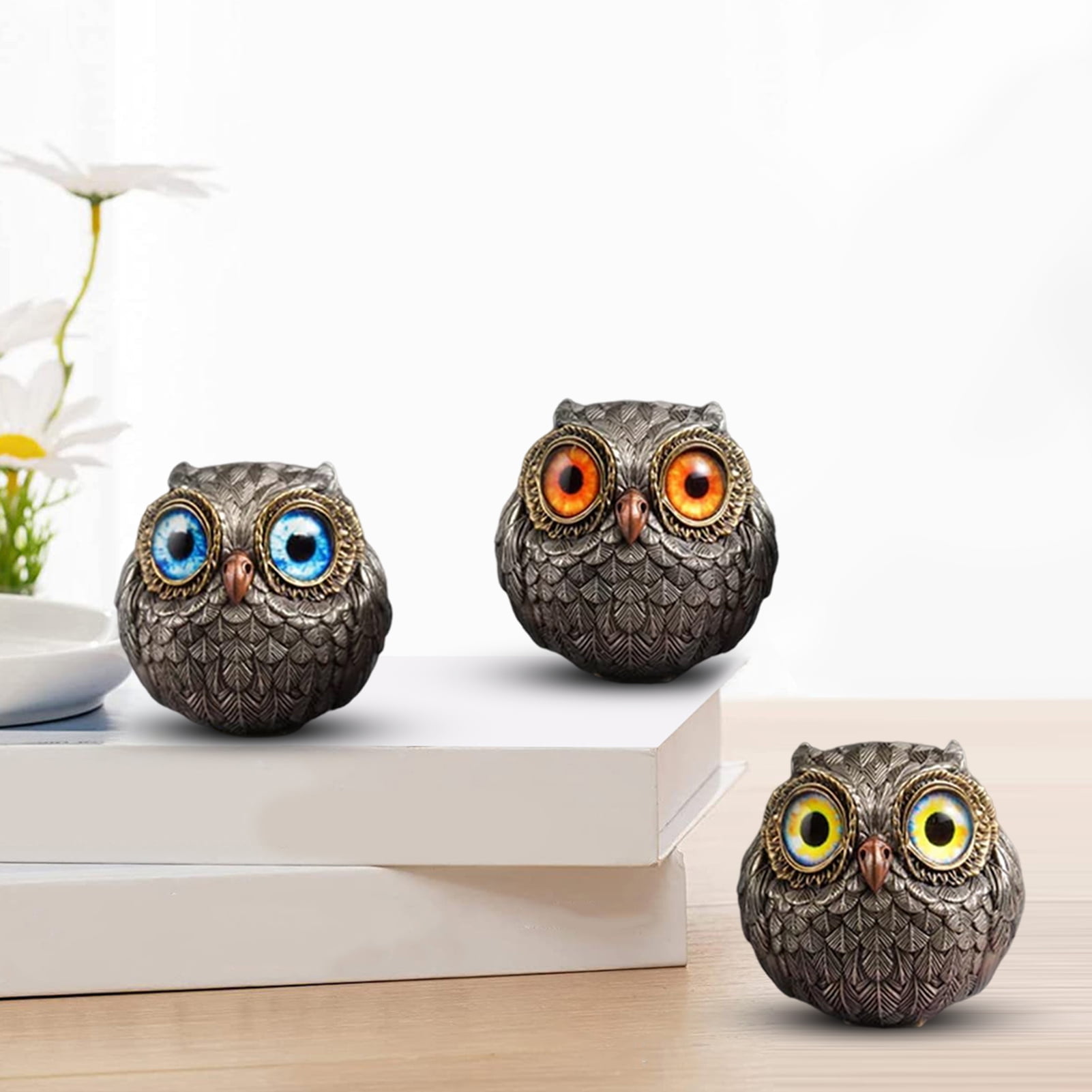 Opvise 1/3Pcs Handmade Realistic Owl Statue with Big Eyes Intricate ...
