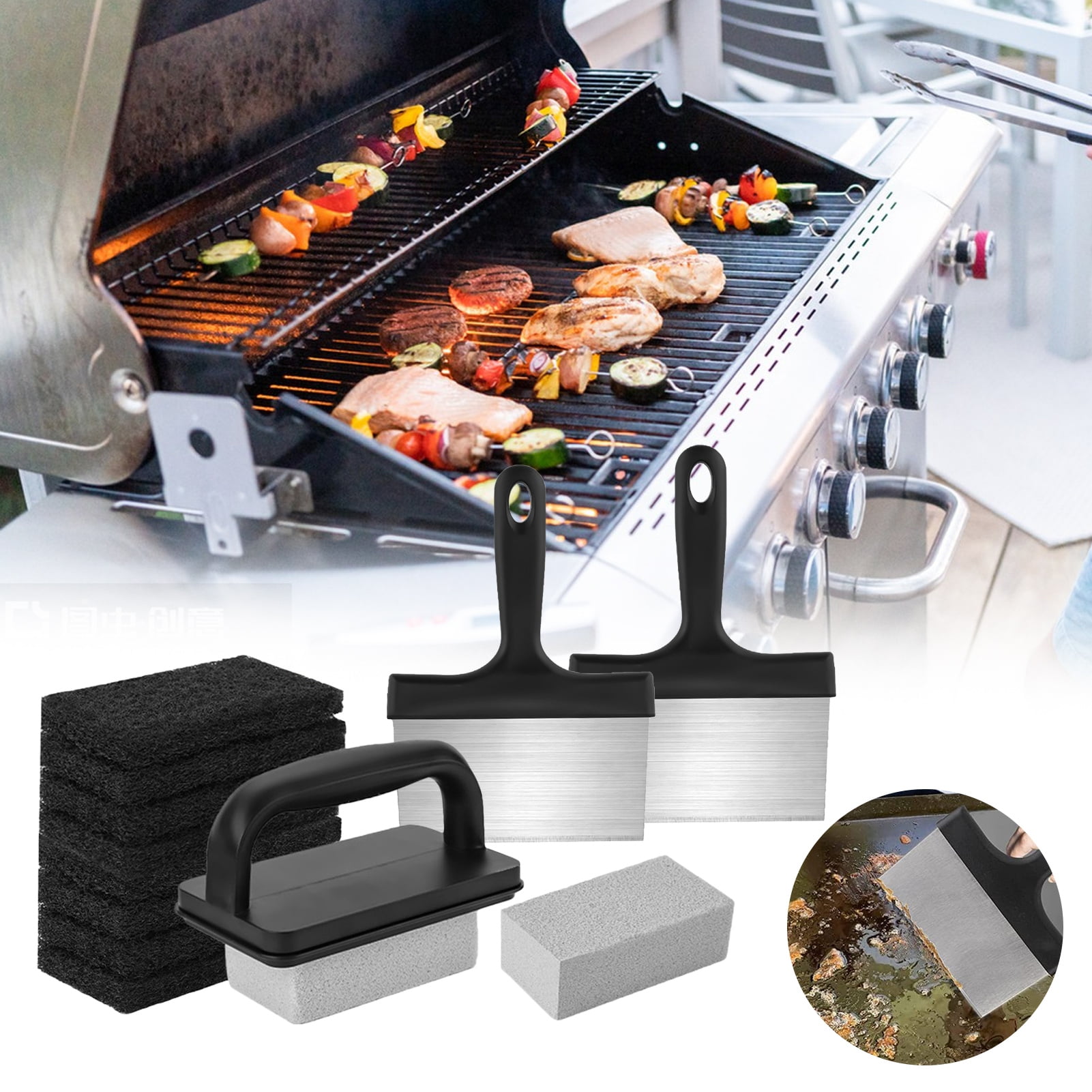 Opvise 1 Set BBQ Griddle Cleaning Tool Kit with Handle Scraper Scouring ...
