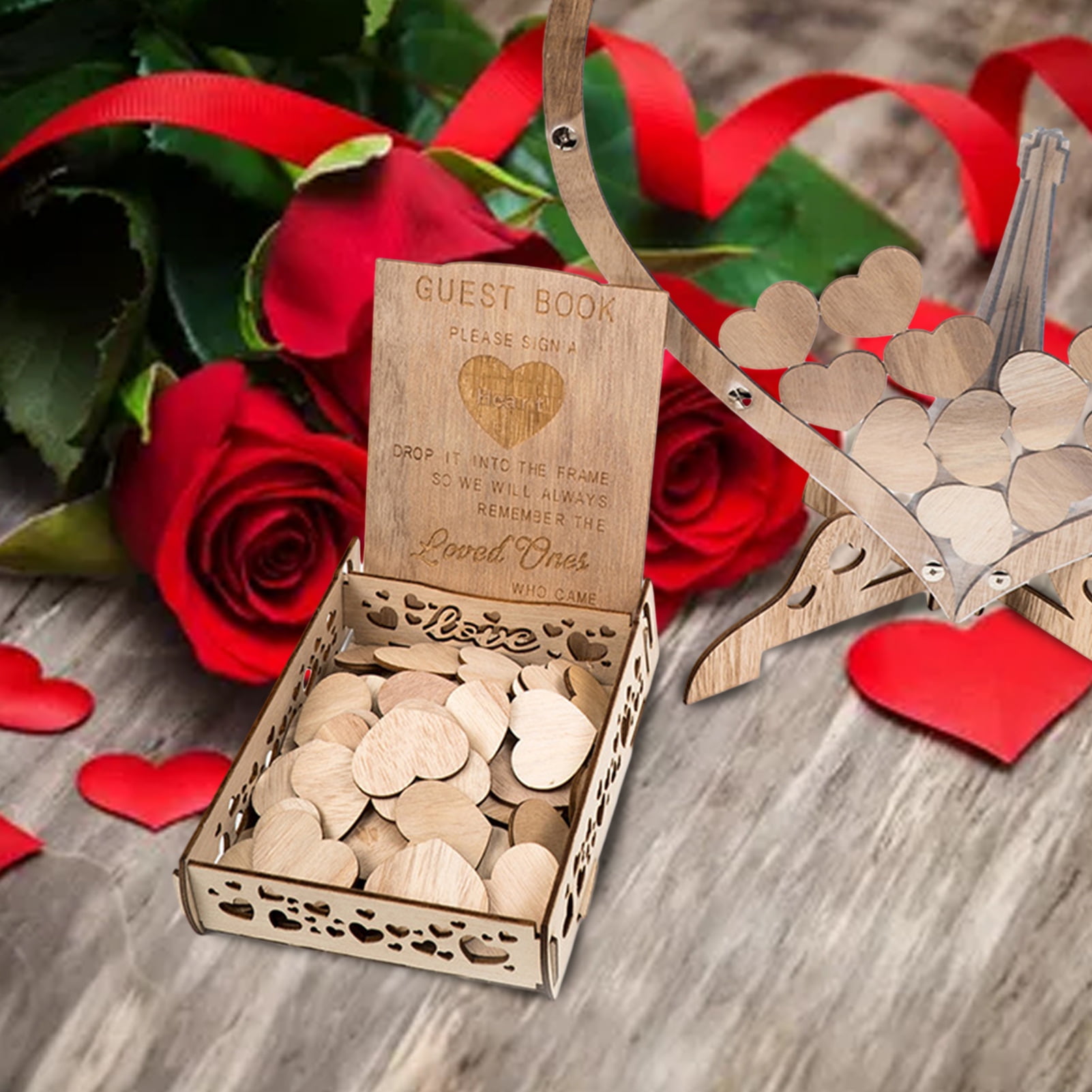 Opvise 1 Set Wooden Love Heart Ornament with Guest Drop Box Mini Heart ...