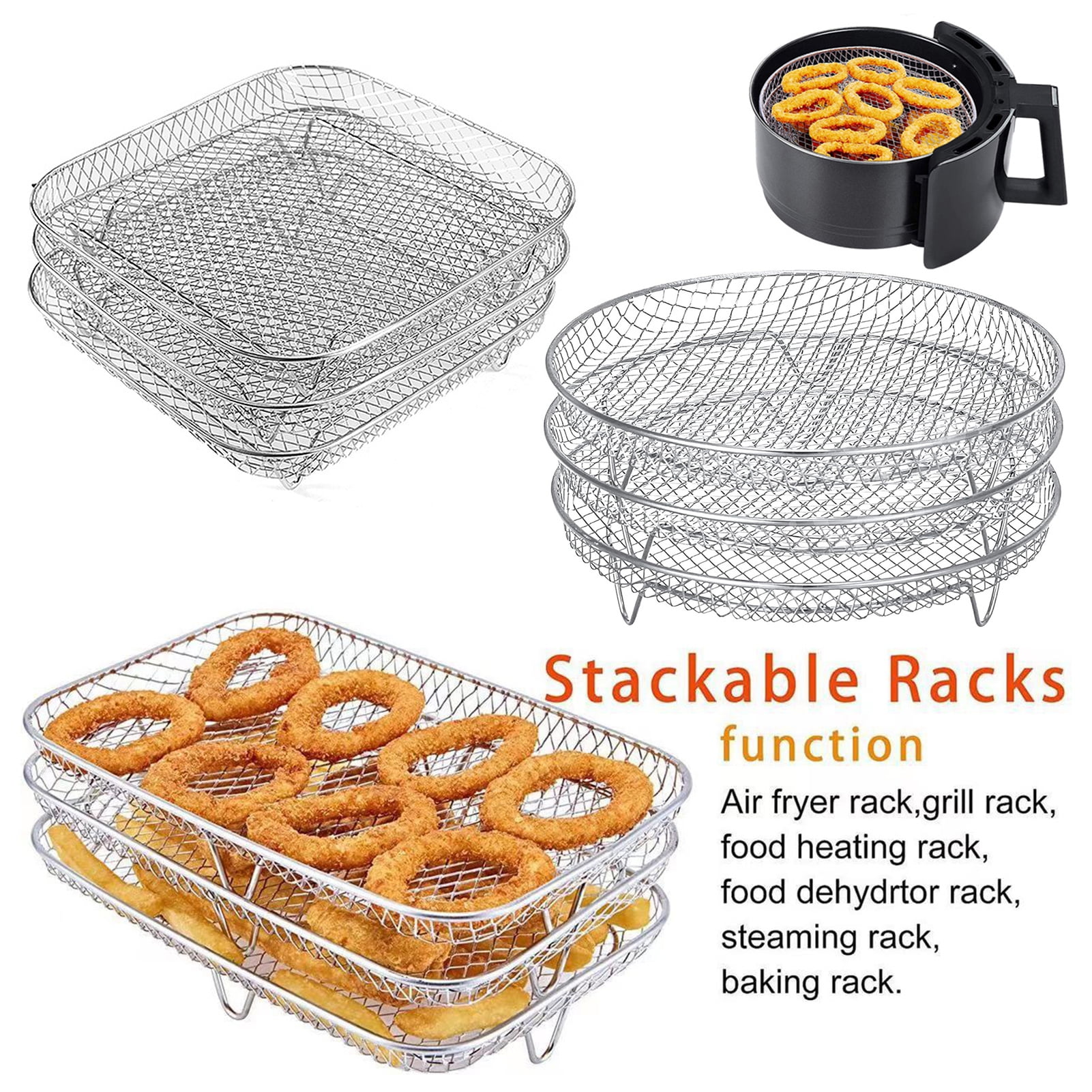 Opvise 3-Tier Stackable Air Fryer Rack with Detachable Mesh Basket ...