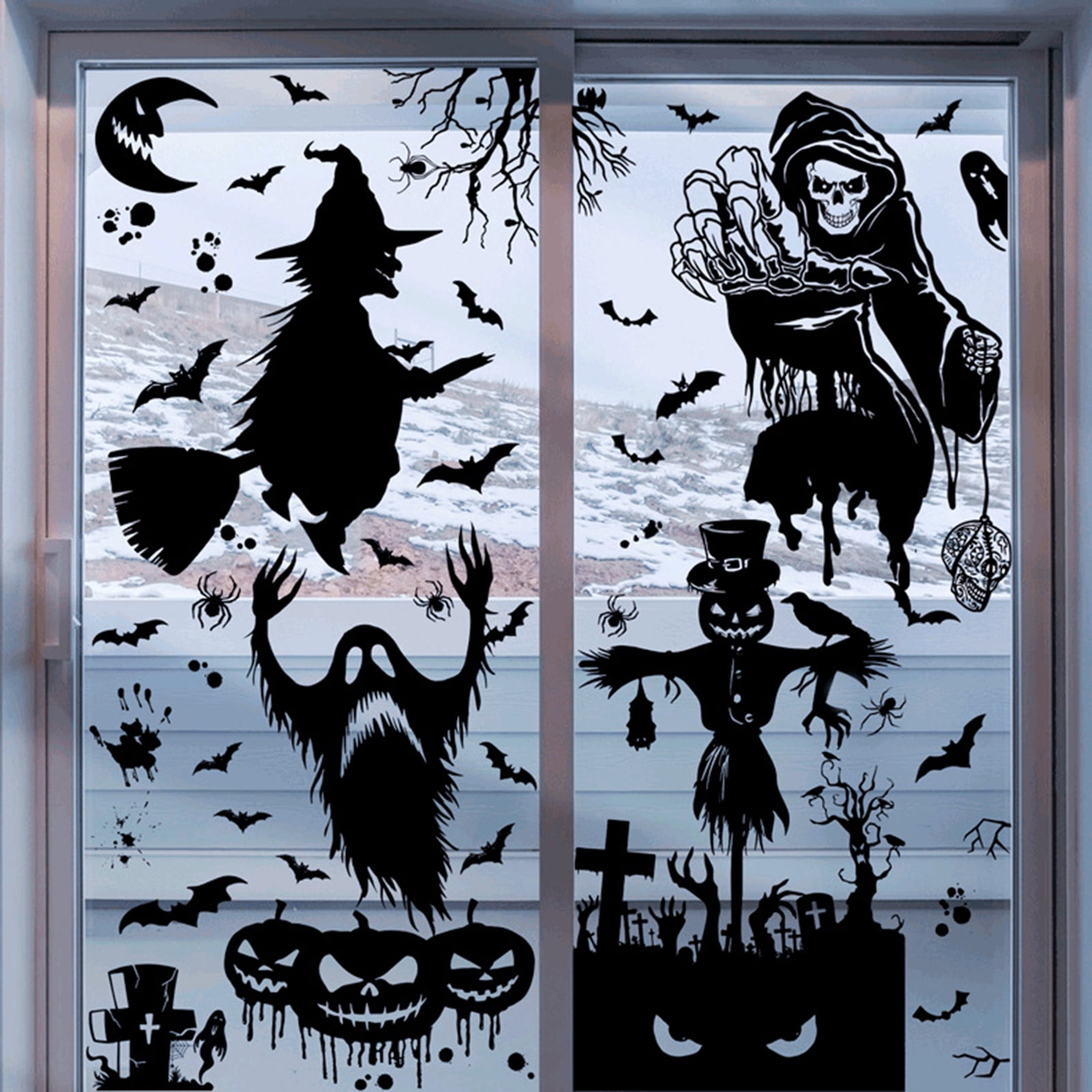 Opvise Halloween Window Sticker Pumpkin Ghost Witch Skeleton Scarecrow ...