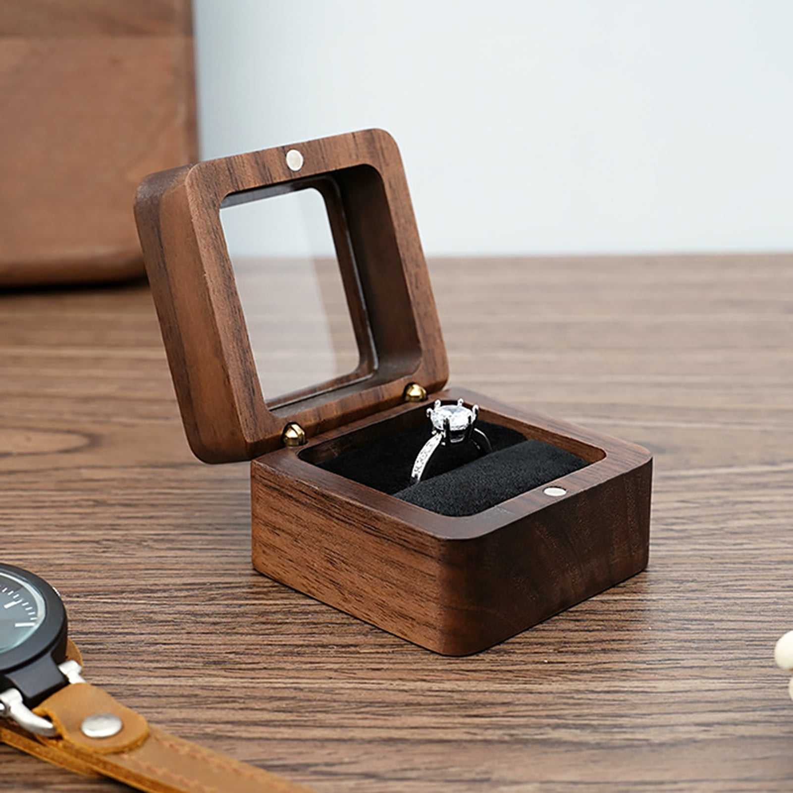 Opvise Ring Box Square Portable Wood Vintage Design Earring Box for ...