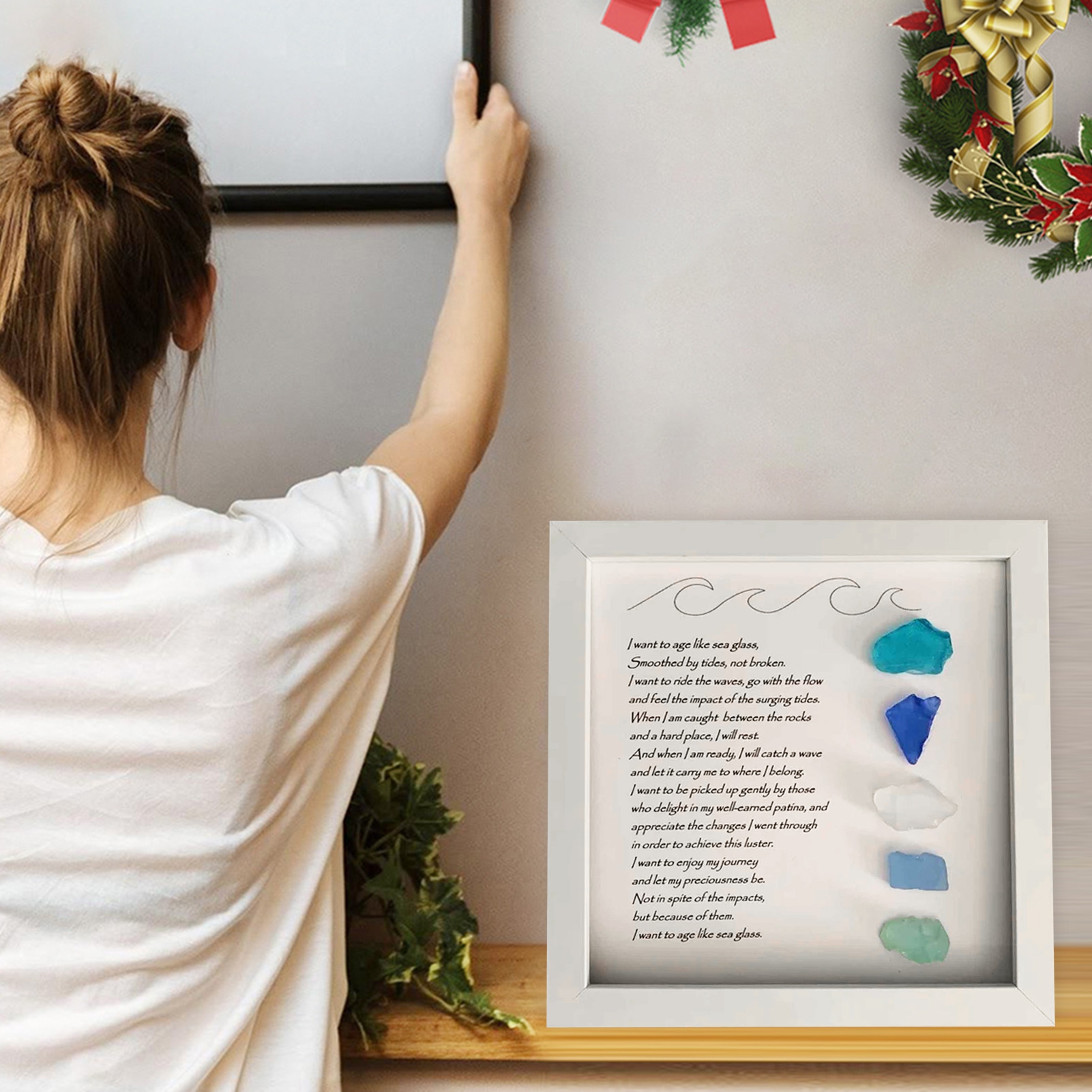 Opvise Sea Glass Picture Frame Wooden Photo Frame with Colorful Sea ...