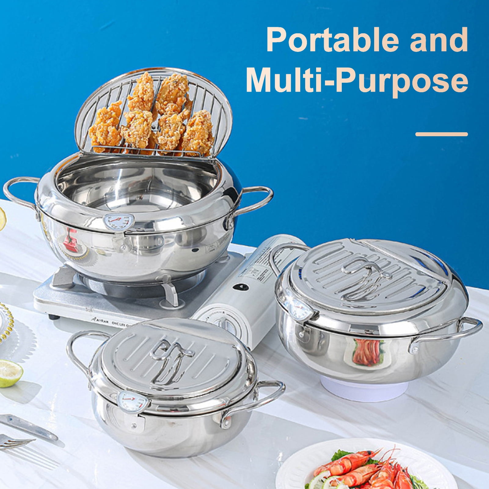 Opvise Stainless Steel 28cm Deep Fryer with Integrated Thermometer – Stainless Steel Oil Pot, V ...