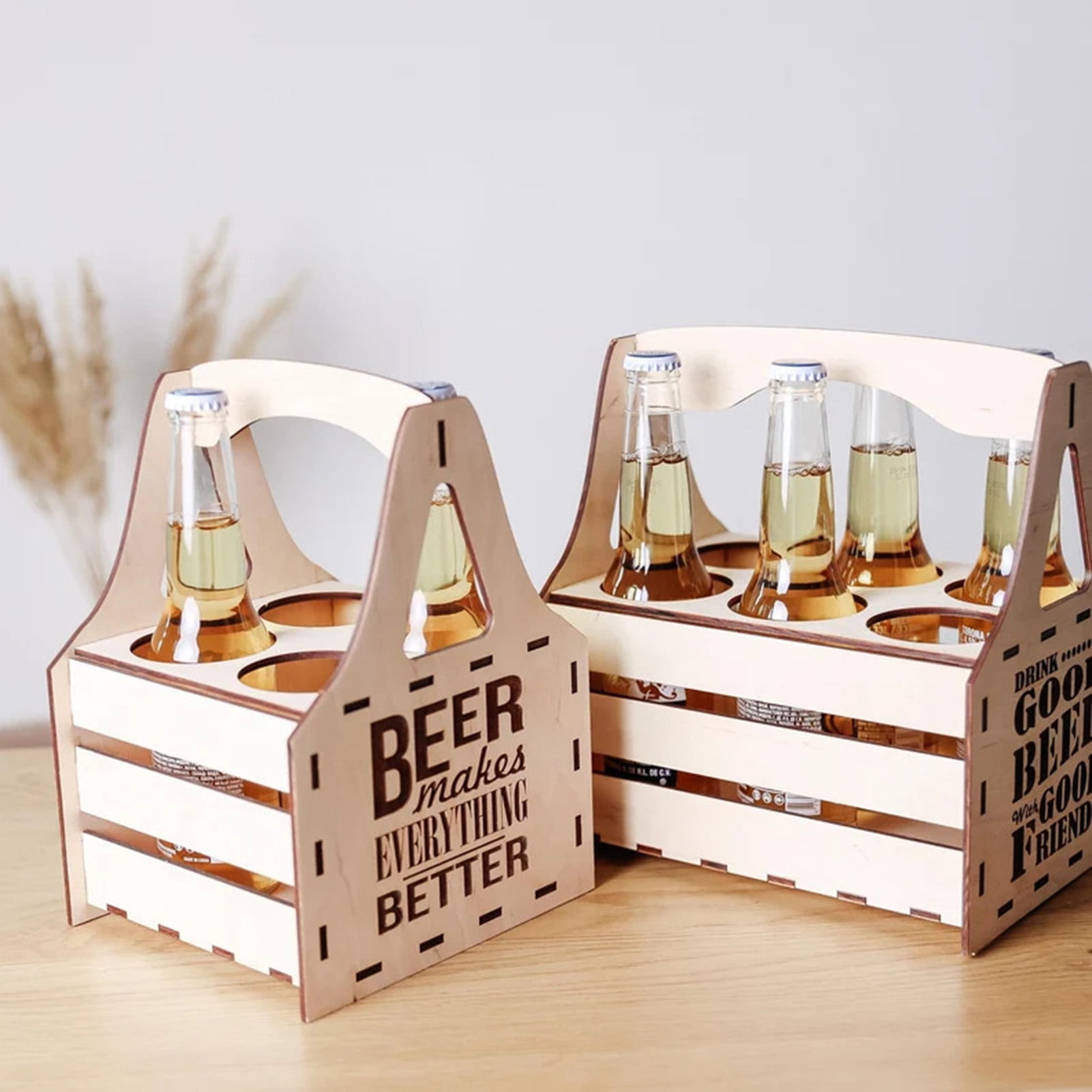 Opvise Sturdy Wooden Beer Caddy Carrier for 4/6 Bottles, Portable ...