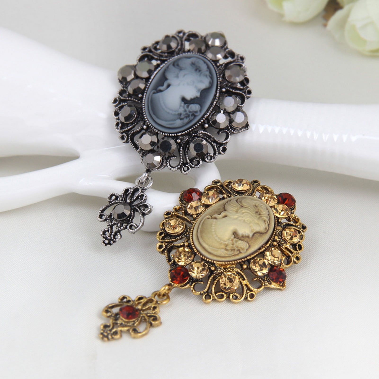 Opvise Women Brooch Retro Victorian Human Profile Rhinestone Decor Anti ...