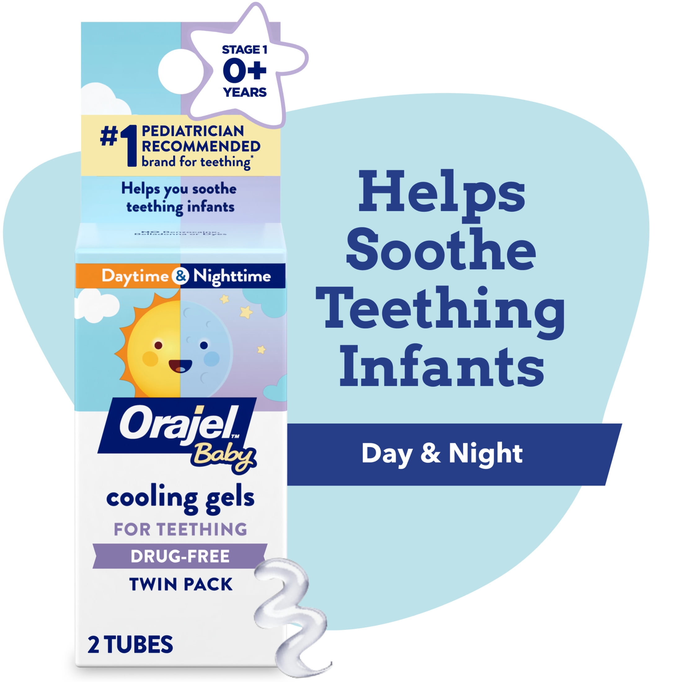 Orajel Baby Teething Cooling Gels Drug Free Relief for Painful Gums Day Night 0.18 oz 2 Ct