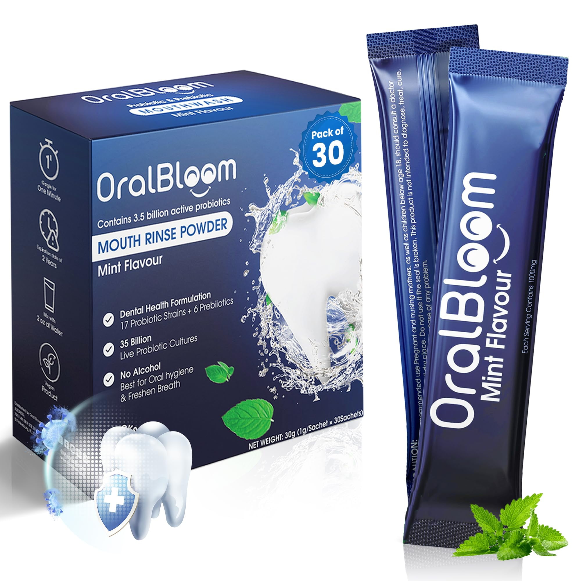 Oral Bloom Probiotic & YPF5 Prebiotic Mouthwash | Mint Flavor | 35 ...