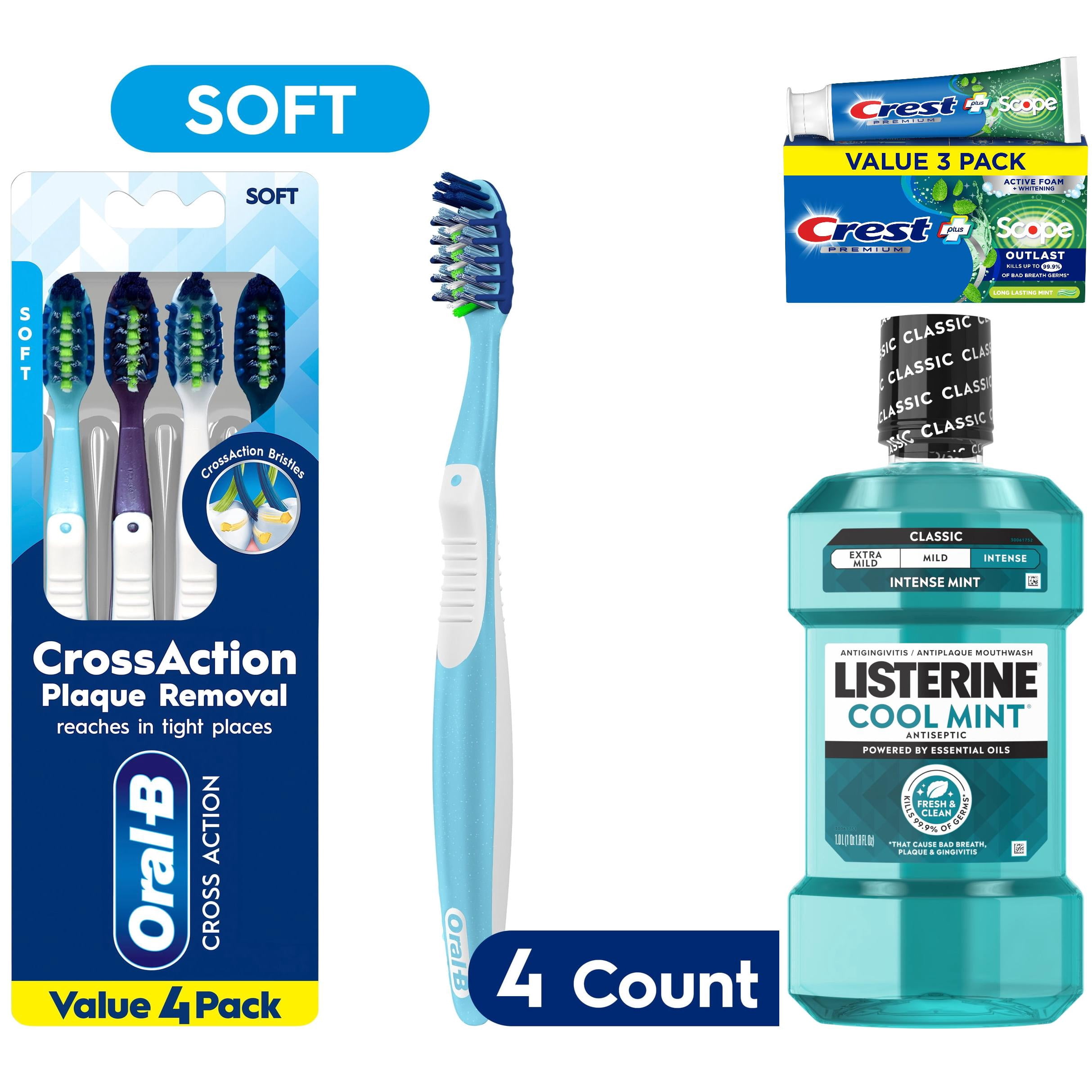 Oral Care Essentials Bundle: Oral-B CrossAction Toothbrushes, Crest ...
