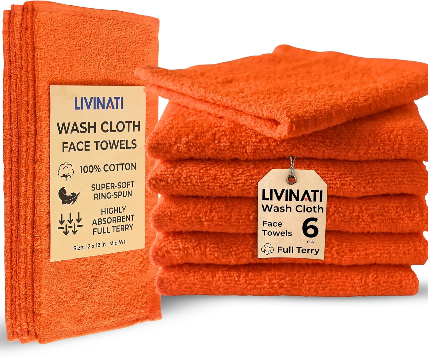 Orange 100% Cotton Wash Cloths for Showering Body and Face - 12"X12" 6 ...