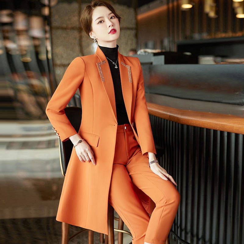 Orange 2 Piece Set Single Button Blazer Office Lady Fashion Pant Suits ...