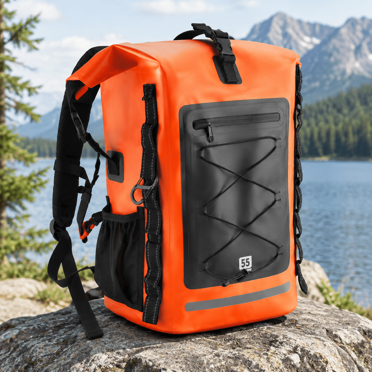 Orange 55L Heavy Duty Roll-Top Waterproof Backpacking Backpack for ...