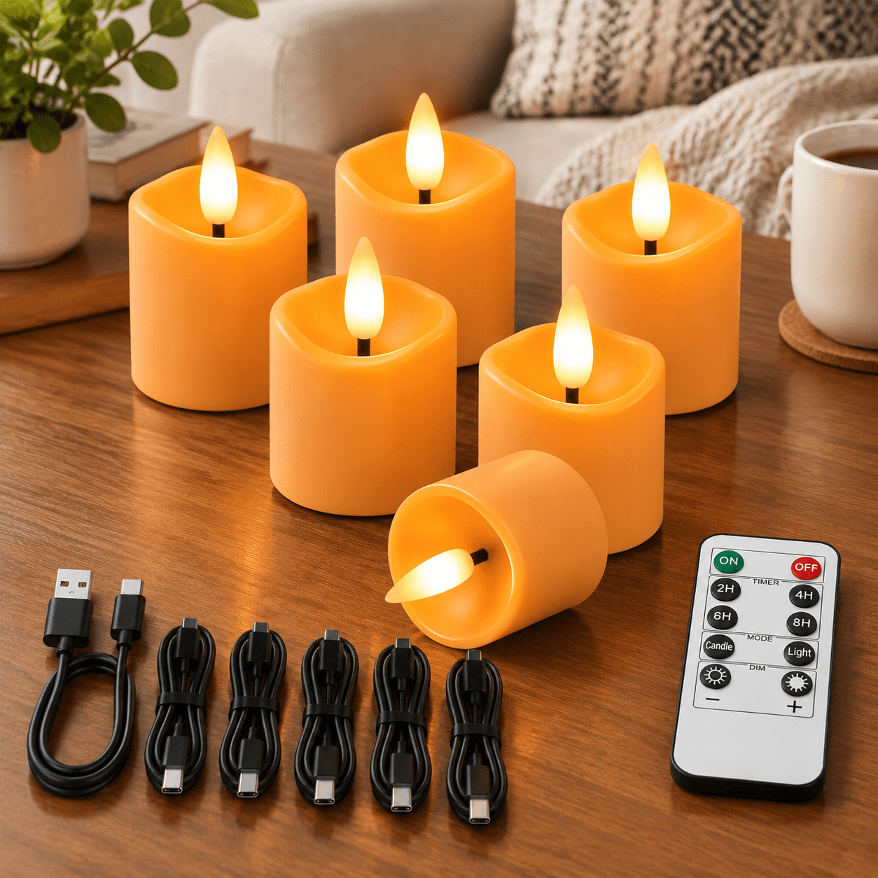 Orange 6 Pack Small Rechargeable LED Tea Light Candles with Remote ...