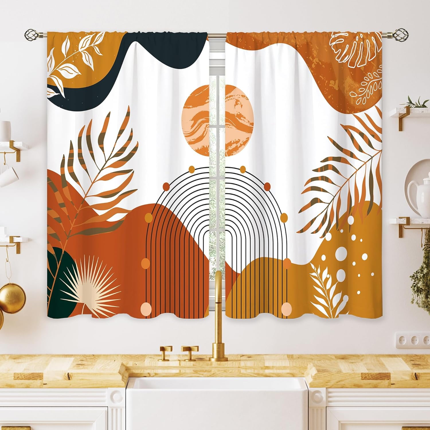 Orange Abstract Mid Century Small Kitchen Curtains Leaf Window ...