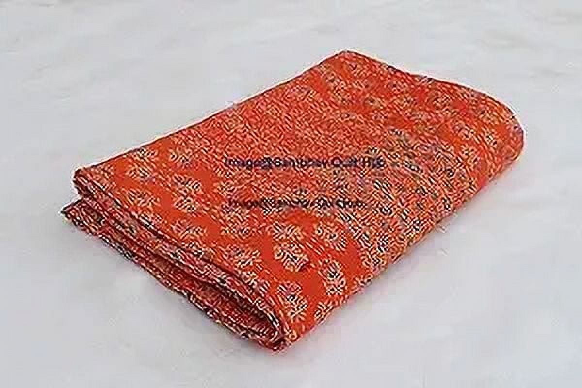 Orange Ajrakh Hippie Queen Kantha Quilt Handmade Bohemain Bedspread ...