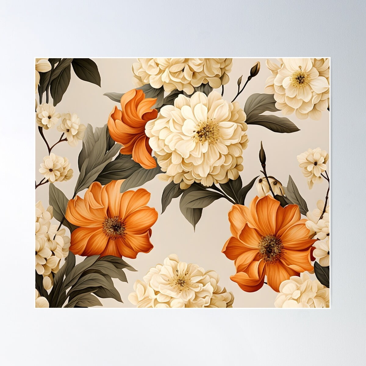Orange And Beige Flower Pattern Poster Wall Art, Modern Wall Decor For ...