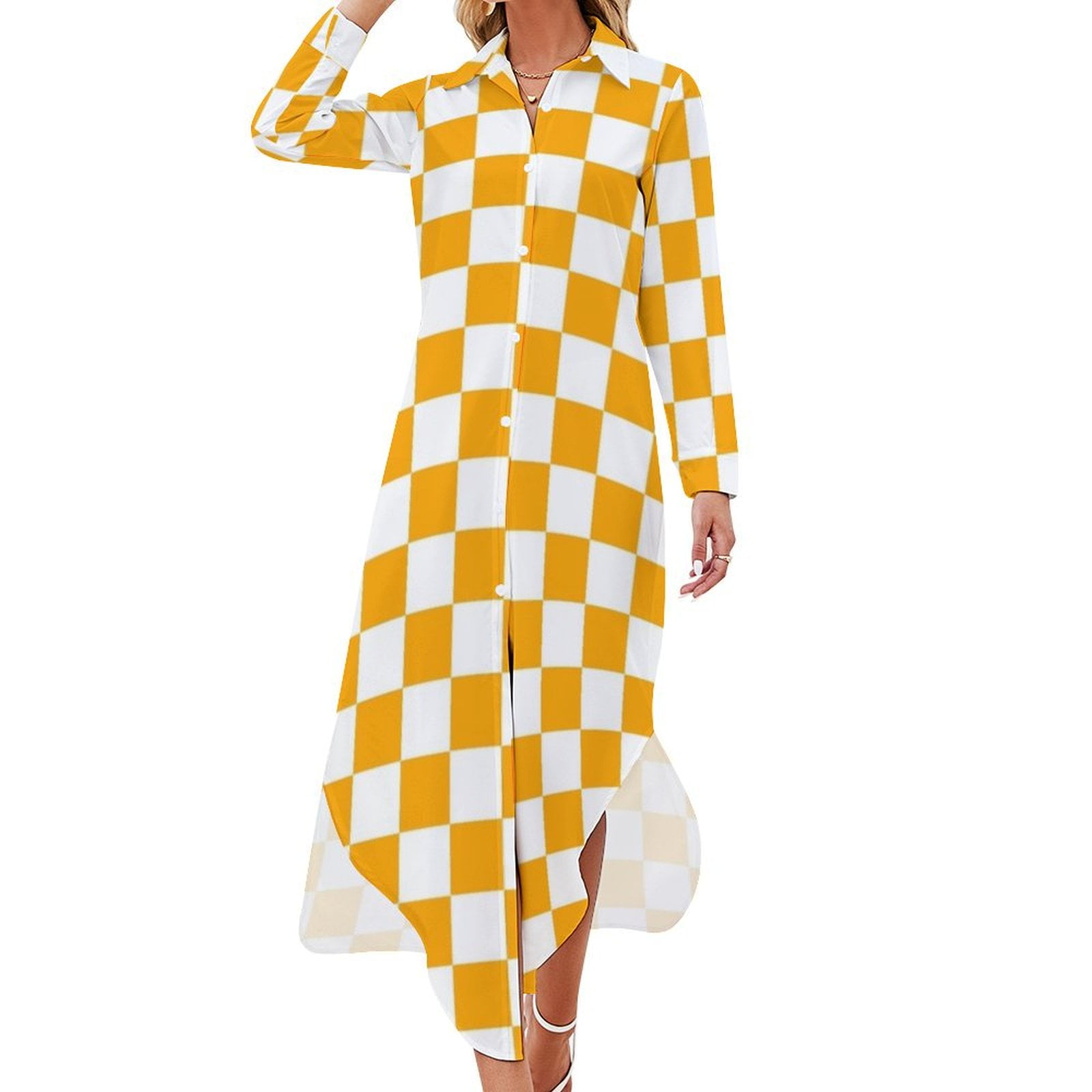 Orange And White Checkerboard Pattern Long Sleeved Shirt Dress sexy ...