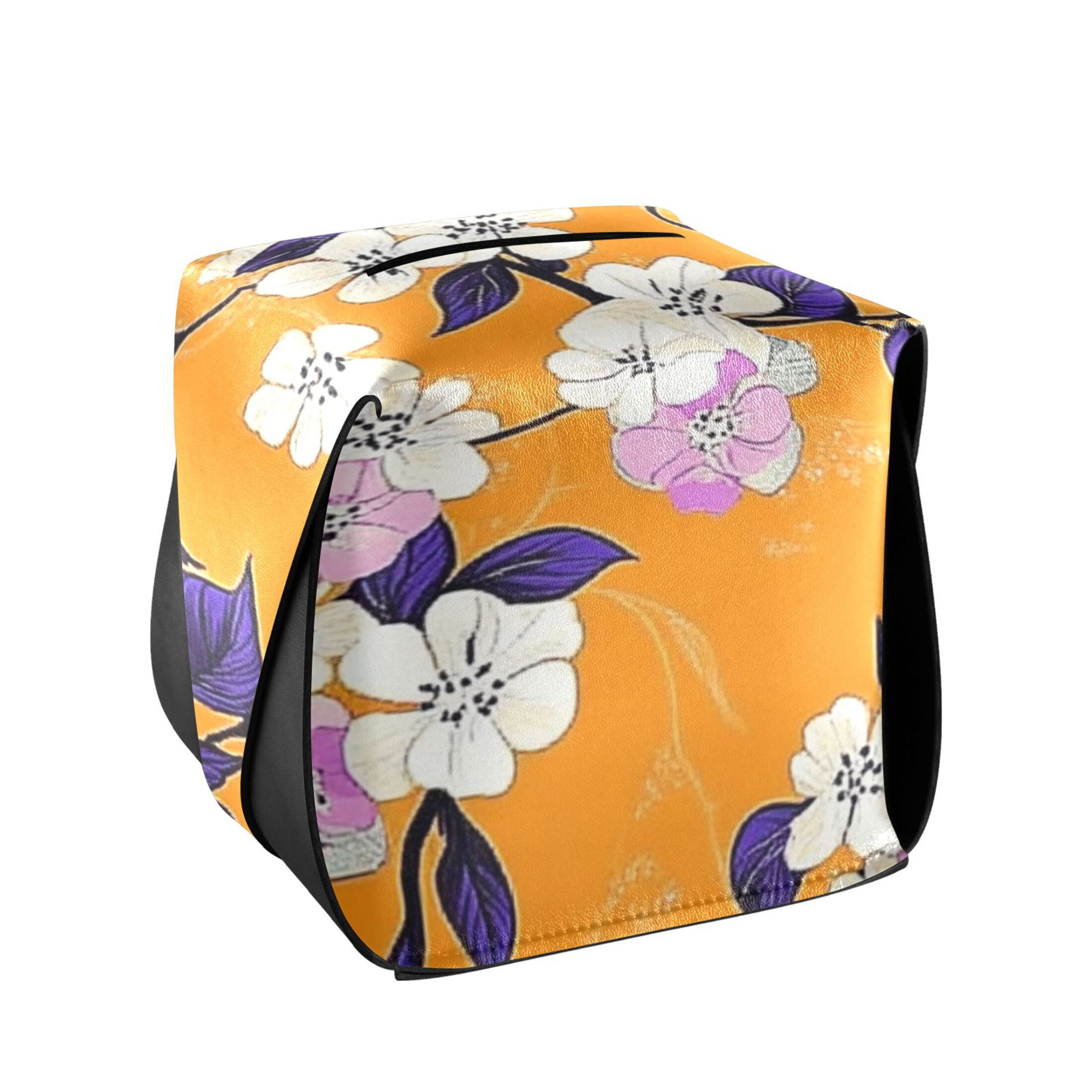 Orange Background with White and Purple Flowers Tissue Box Cover ...