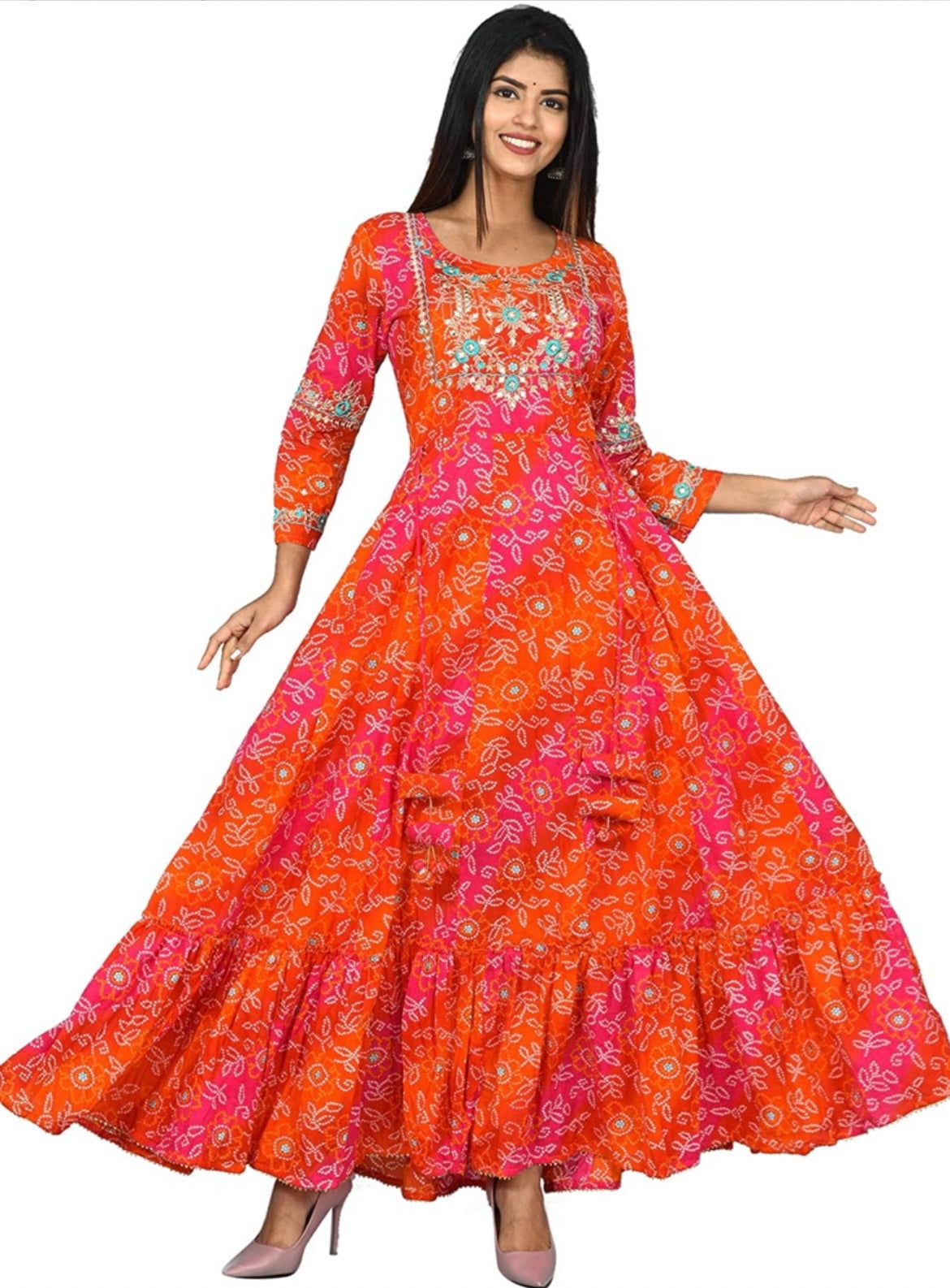 Orange Bandhani Anarkali Dress - Walmart.com