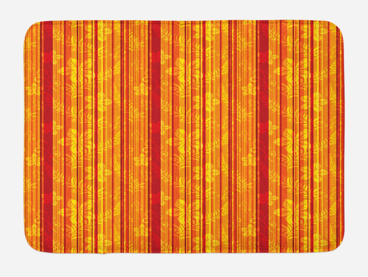 Orange Bath Mat, Vertically Stripes Pattern with Stylized Flowers ...