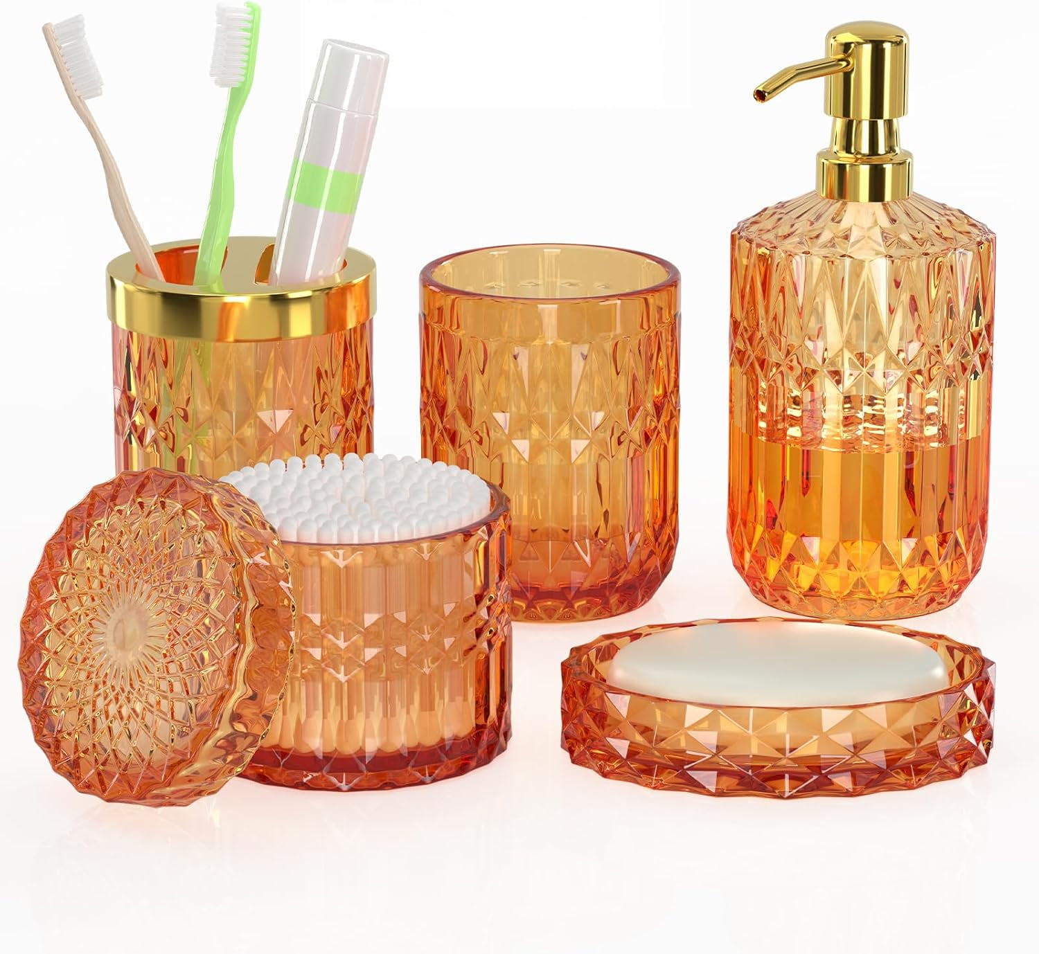 Orange Bathroom Accessories Set, 5 Pcs Clear Glass Bathroom Accessories ...