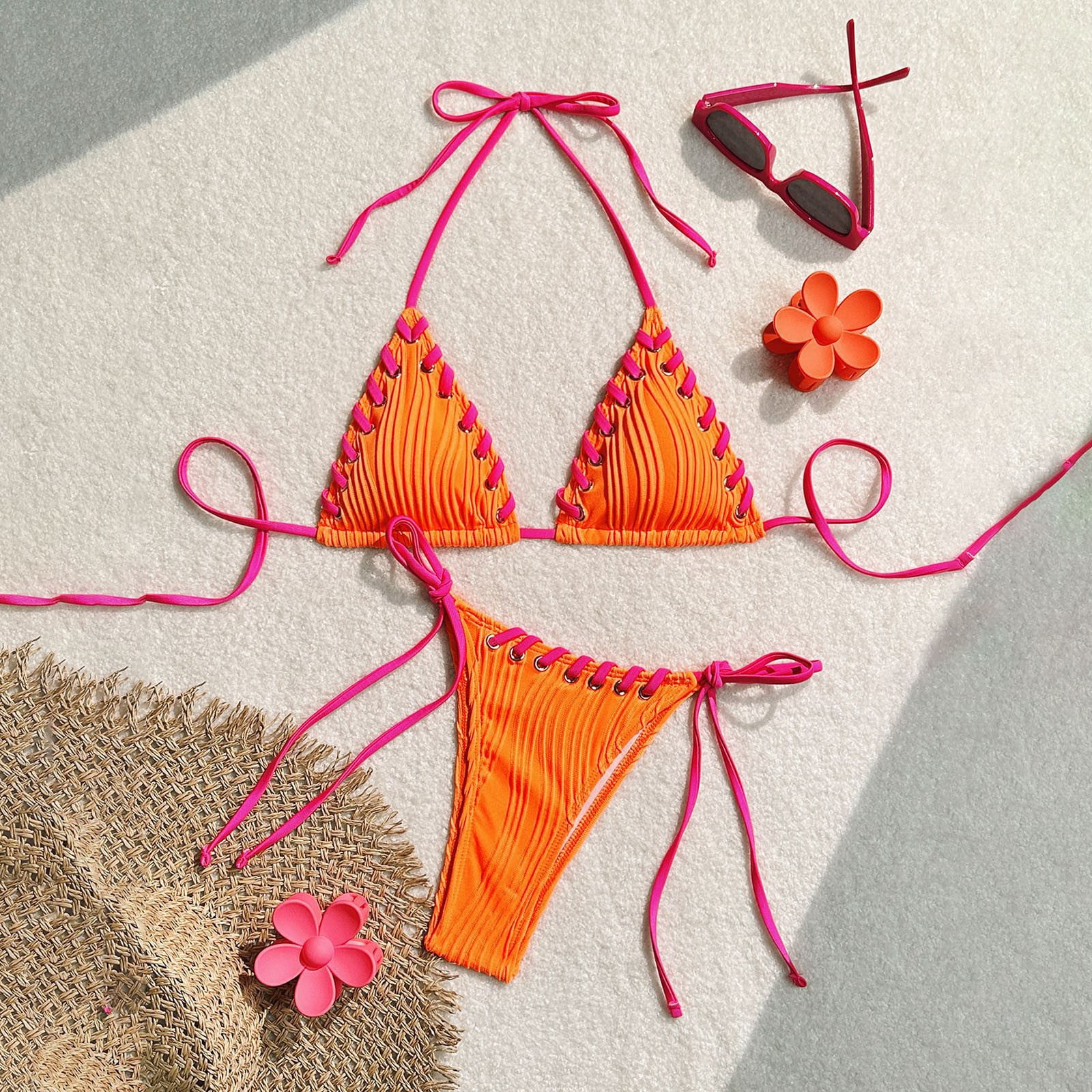 Orange Bikini Sets for Women Two Piece Bikini Swimsuit Color Block ...