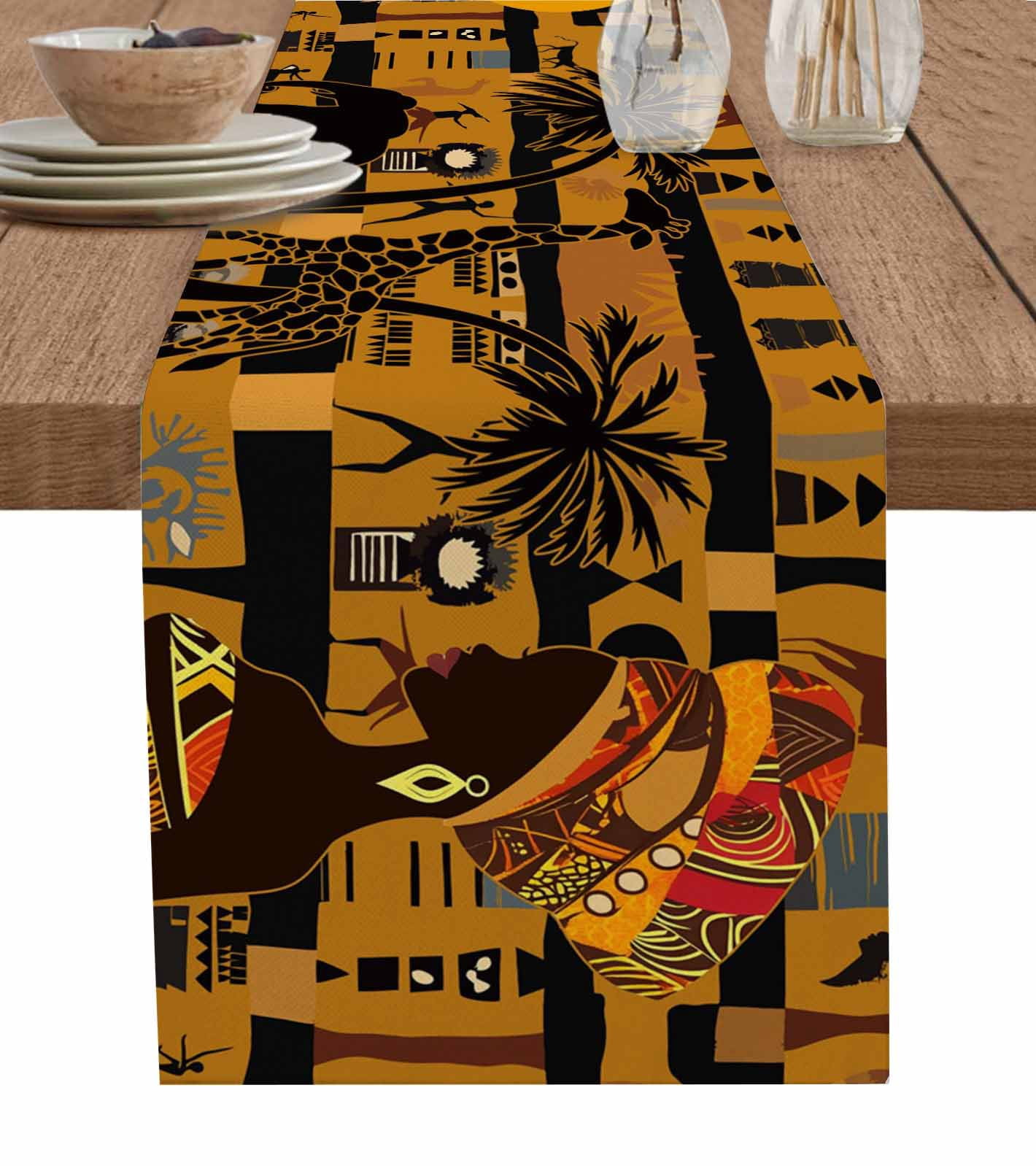 Orange Black African Women Table Runner 72 Inches, Ethnic Tribe Giraffe ...