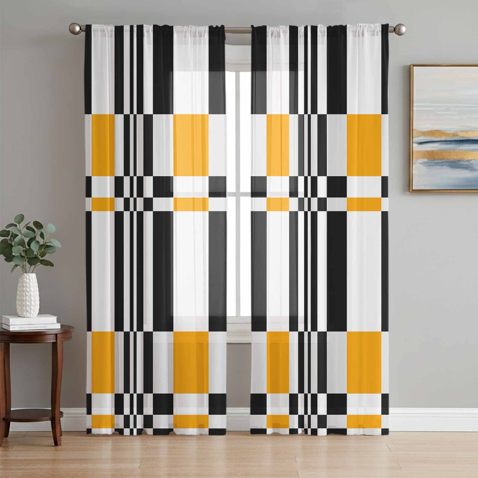 Orange Black Geometric Sheer Curtains 96 Inch Length 2 Panels Set ...