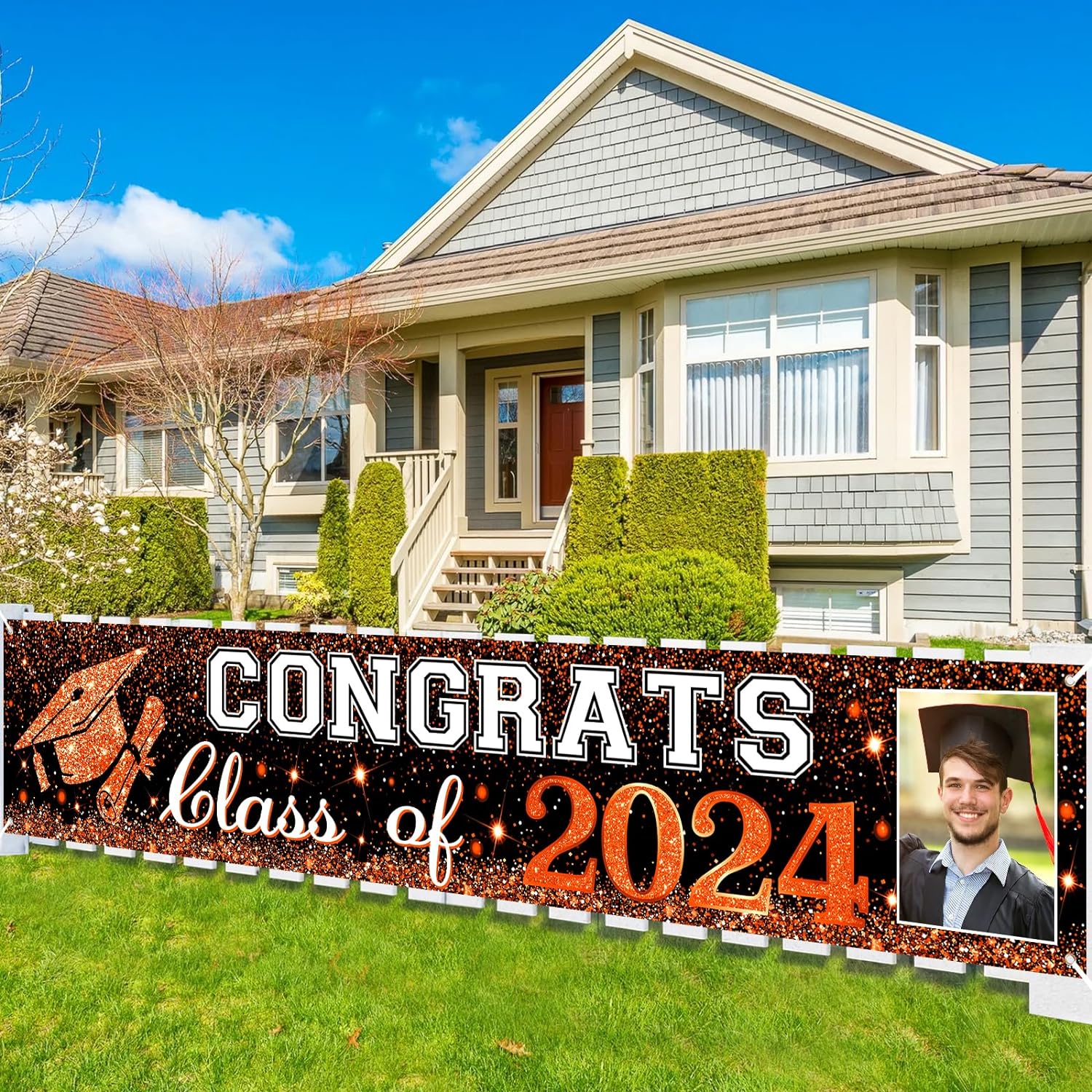 Orange Black Graduation Decorations Banner Personalized Congrats Class ...