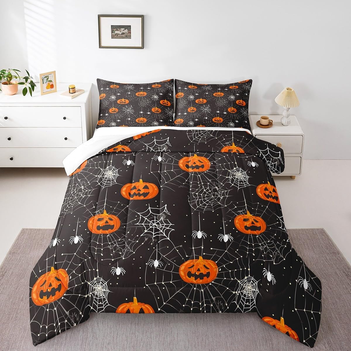 Orange Black Halloween Pumpkin Comforter Set Pcs Black Bat Silhouette ...