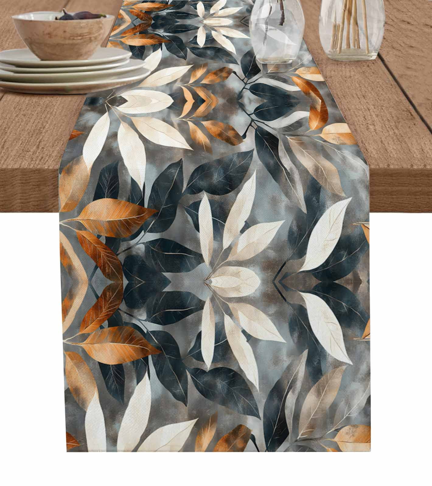 Orange Black Leaves Table Runner 90 Inches, Farmhouse Vintage Botanical Plants Bed Runner ...