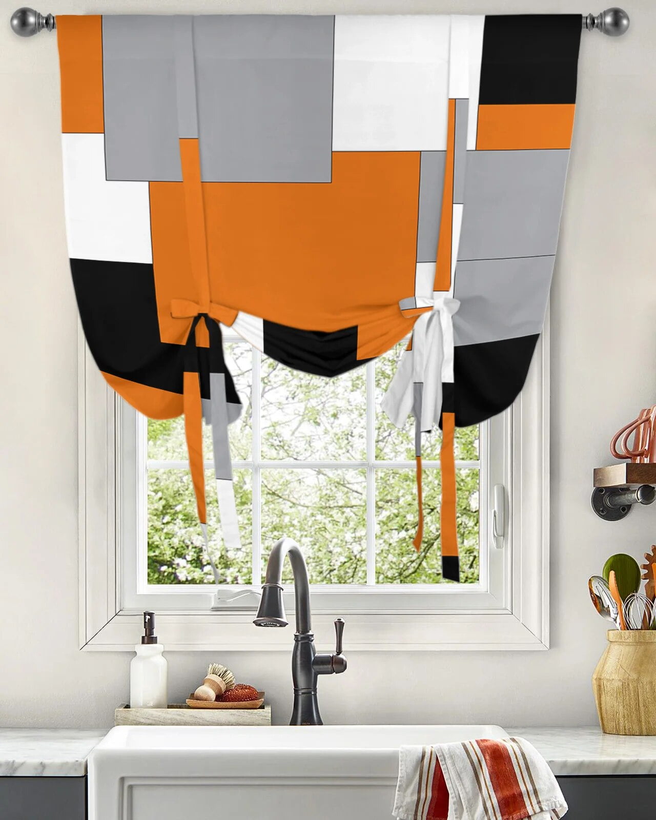 Orange Black Patchwork Abstract Art Curtain for Living Room Kitchen Tie ...