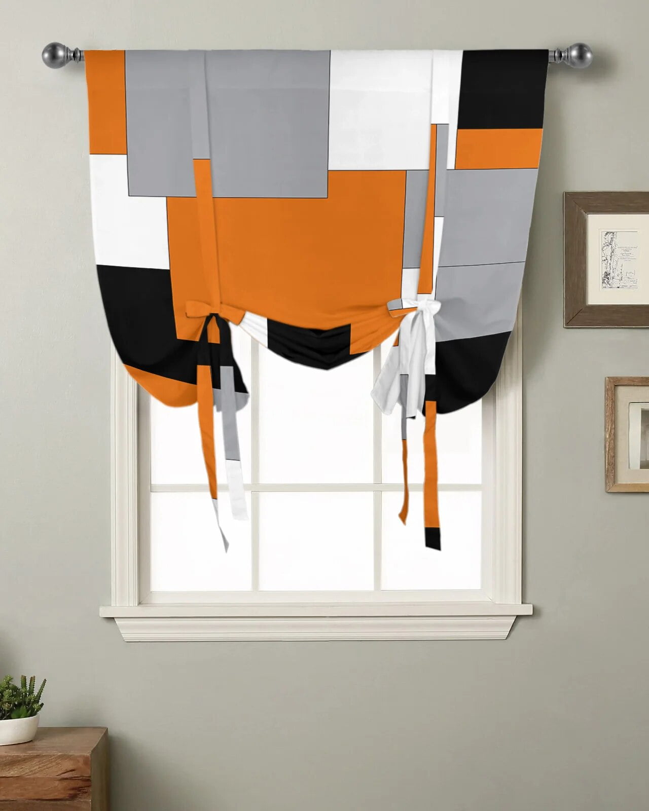 Orange Black Patchwork Abstract Art Kitchen Short Window Curtain Modern ...