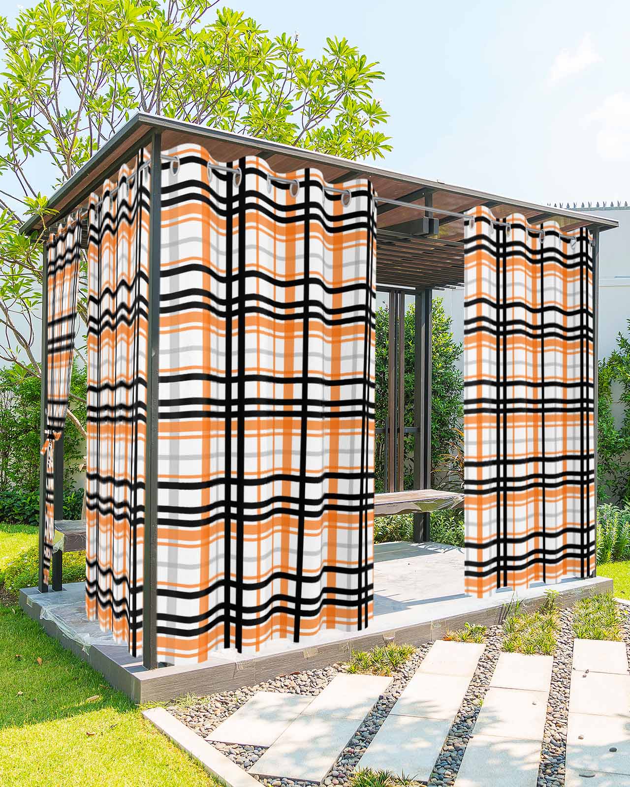 Orange Black Plaid Outdoor Curtains for Patio, Farmhouse Orange Black ...