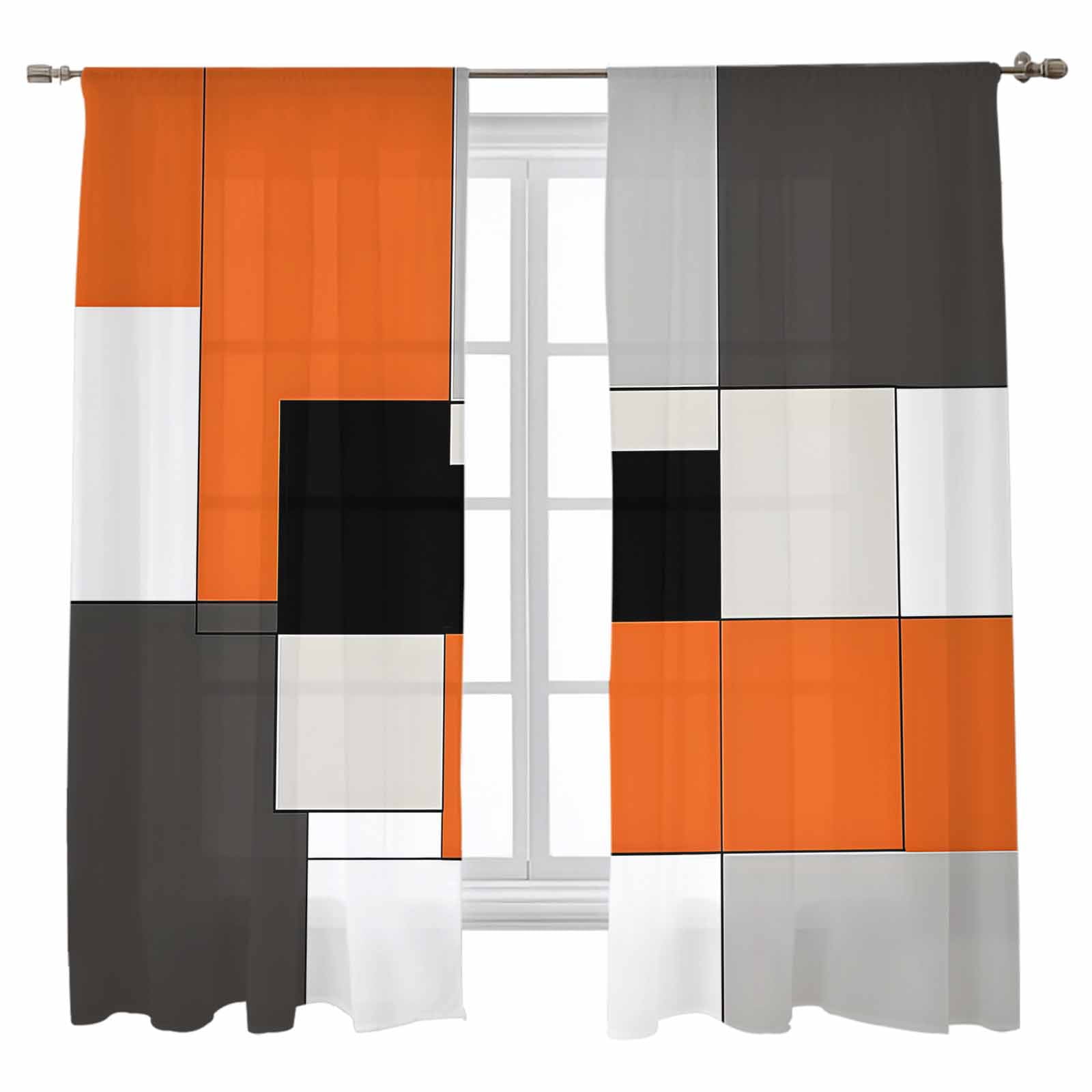 Orange Black Sheer Curtains 63 inches Long 2 Panels Set Gray Geometric ...