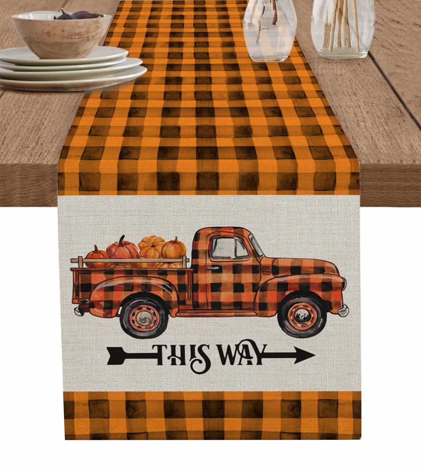 Orange Black Truck Table Runner Farmhouse Plaid Vintage Rustic ...