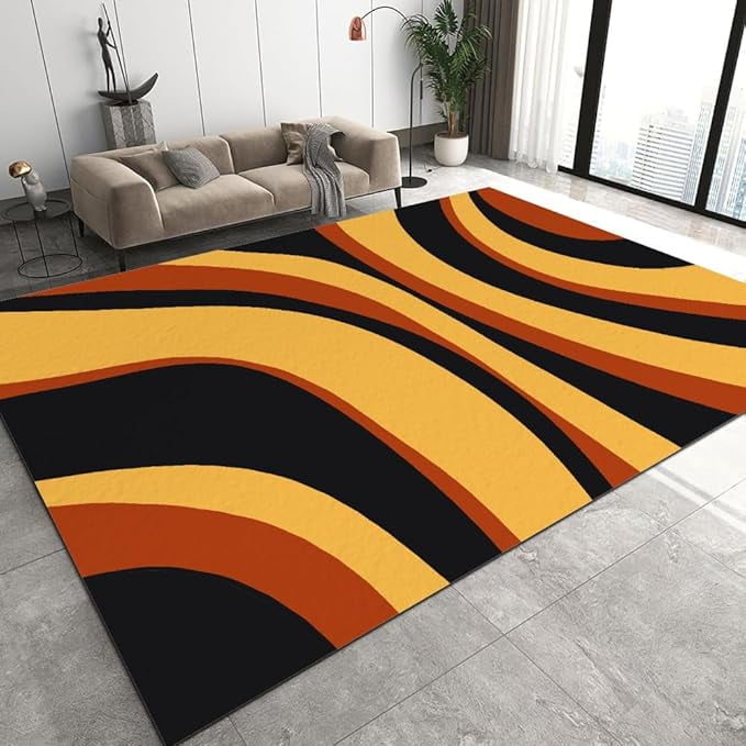 Orange Black Twisted Wave Stripe Design Area Rug, Abstract Flowing ...