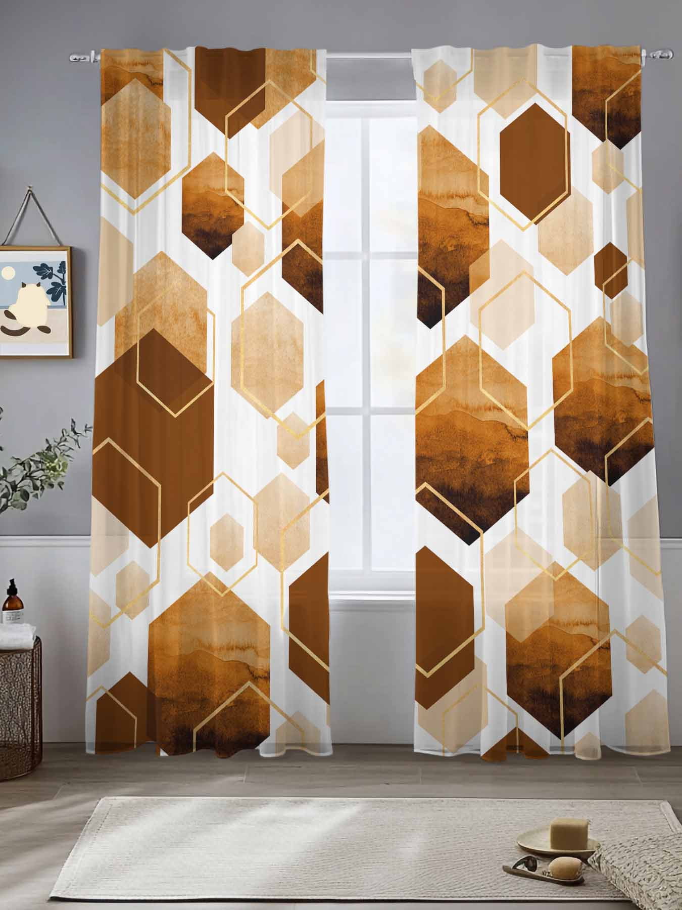Orange Blocks Sheer Curtains 84 Inches Long 2 Panels Modern Art Yellow ...