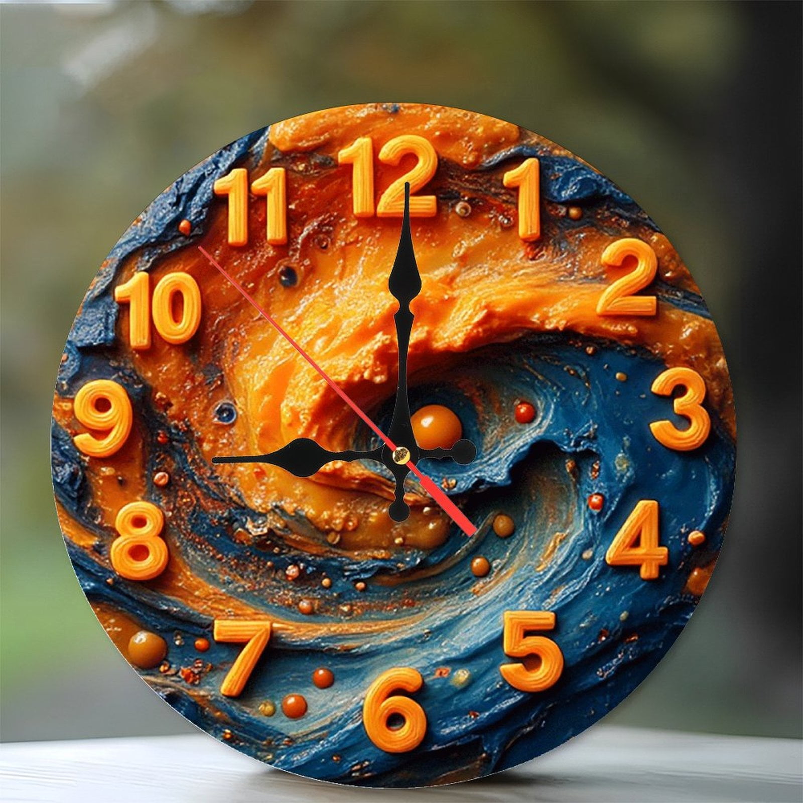 Orange Blue Abstract Swirl Clock Wall Art 10-Inch Silent Wooden Wall ...