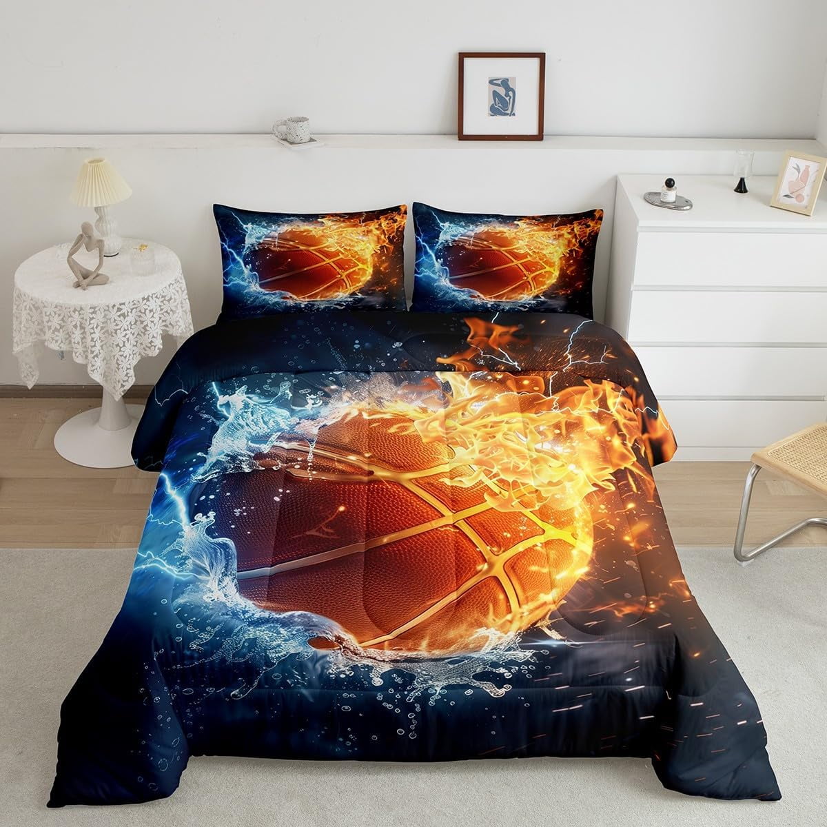Orange Blue Basketball Comforter Set Graffiti Watercolor Hippies Style ...