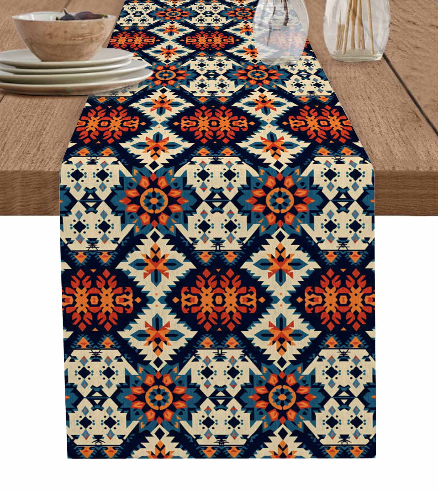 Orange Blue Boho Table Runner 72 Inches, Colorful Abstract Ethnic ...