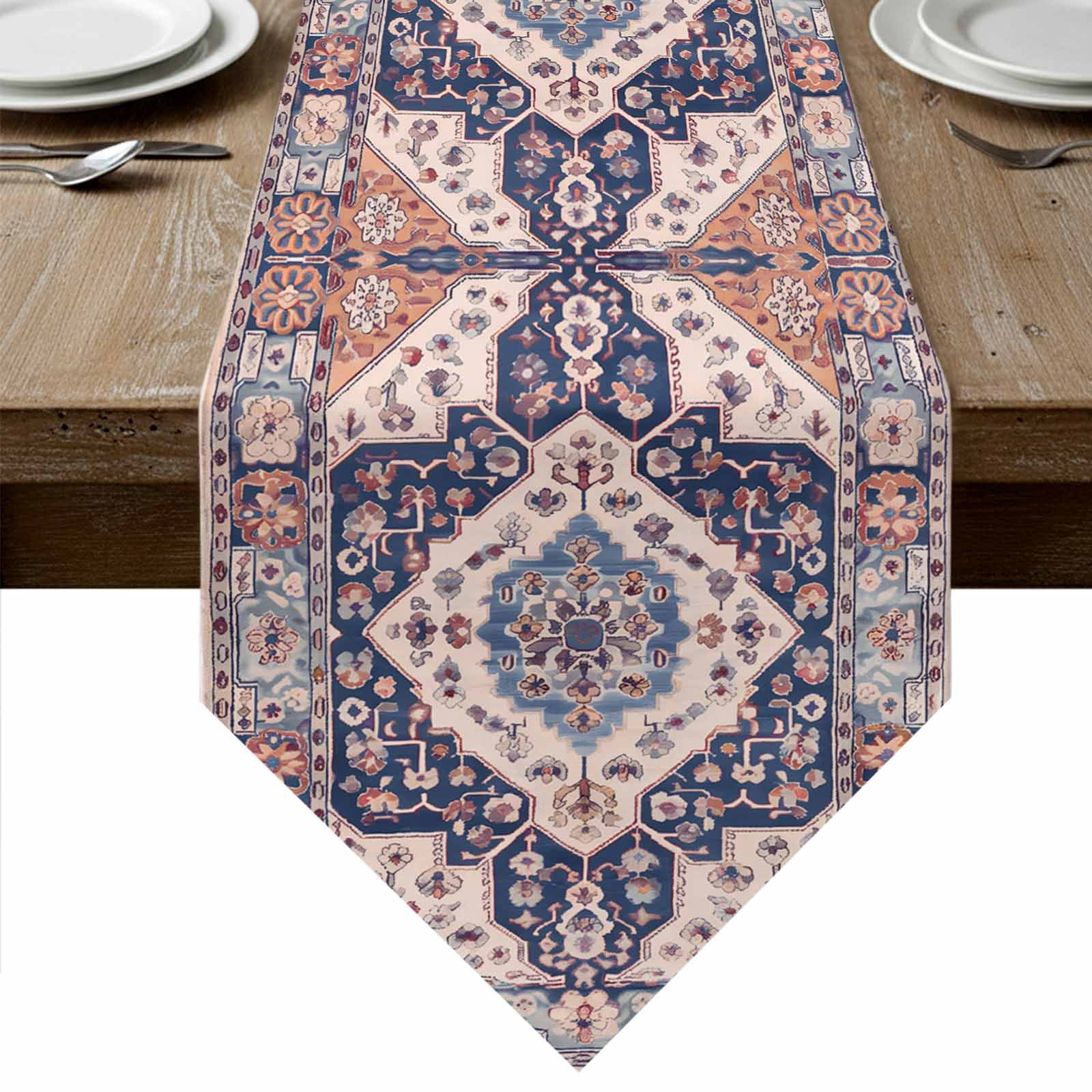 Orange Blue Boho Table Runner Linen Burlap Table Runner 72 Inches Long ...